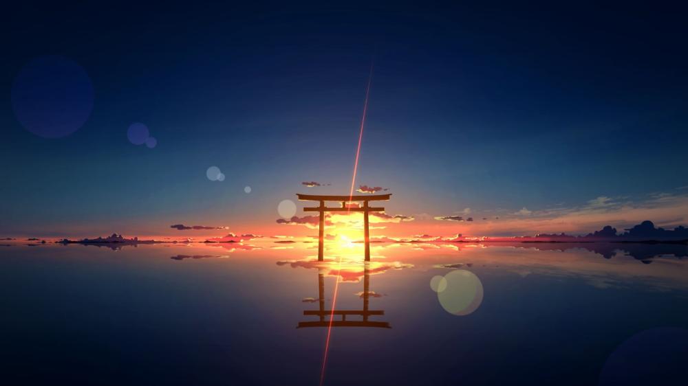Serene Torii Sunset Reflection - backiee