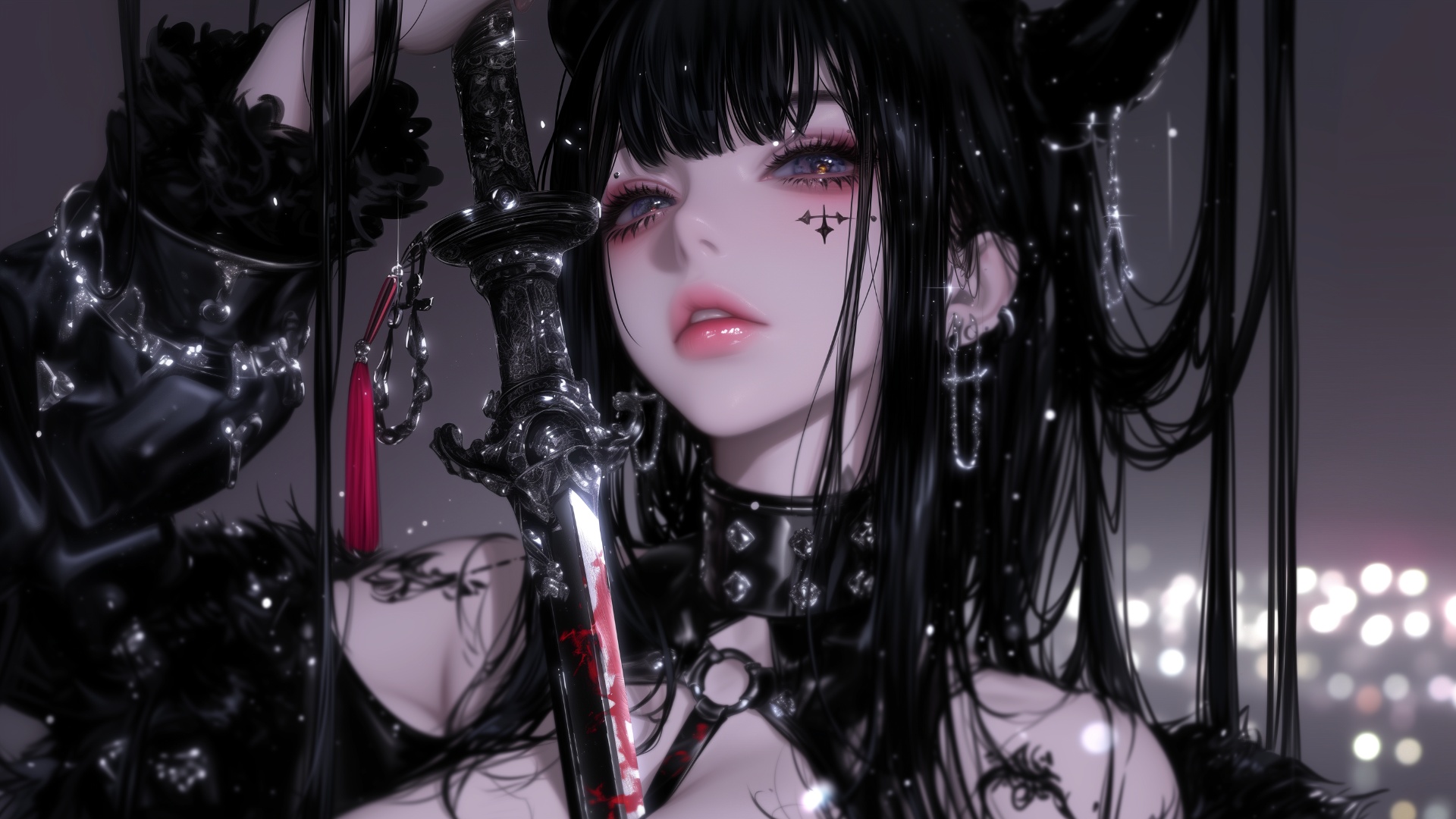 Gothic Elegance Anime Girl with Black Hair and Sword - backiee