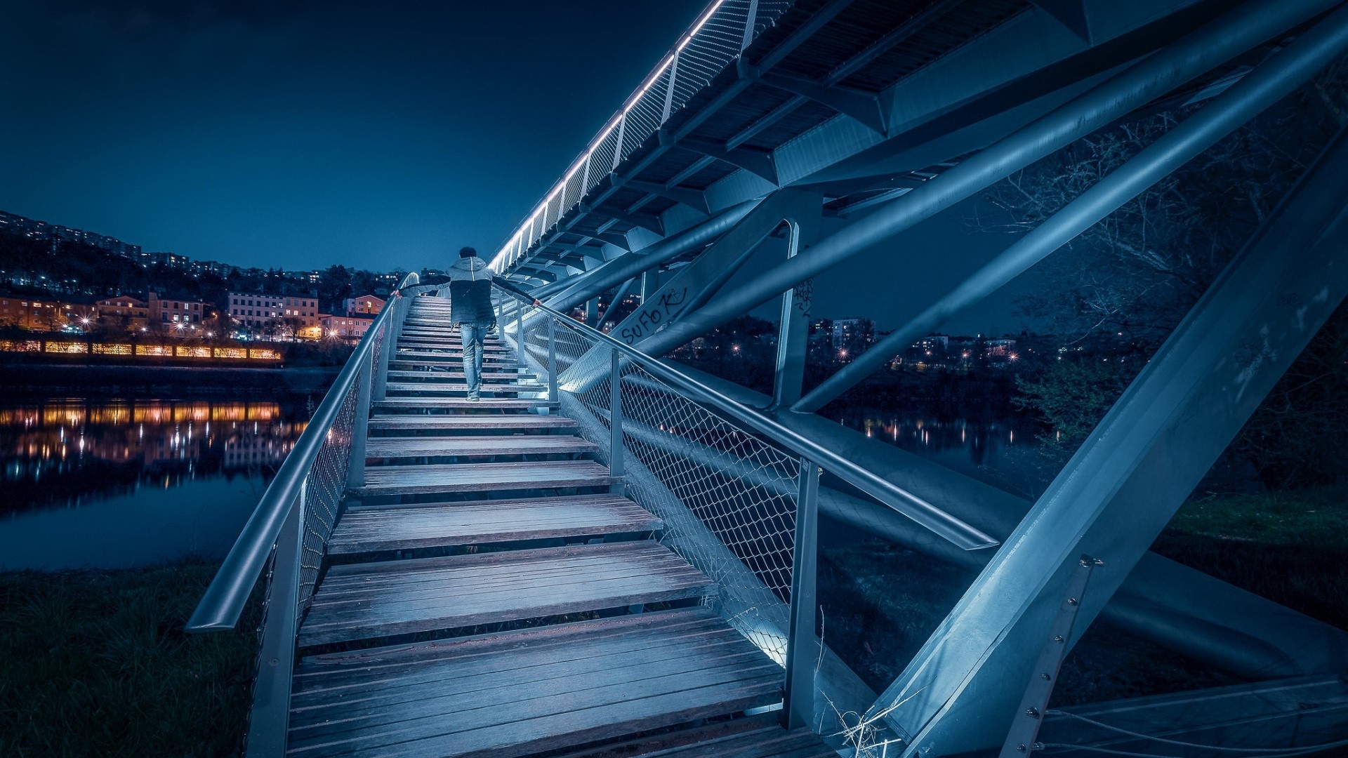 Bridging Nightfall at Lyon's Peace Walkway - backiee