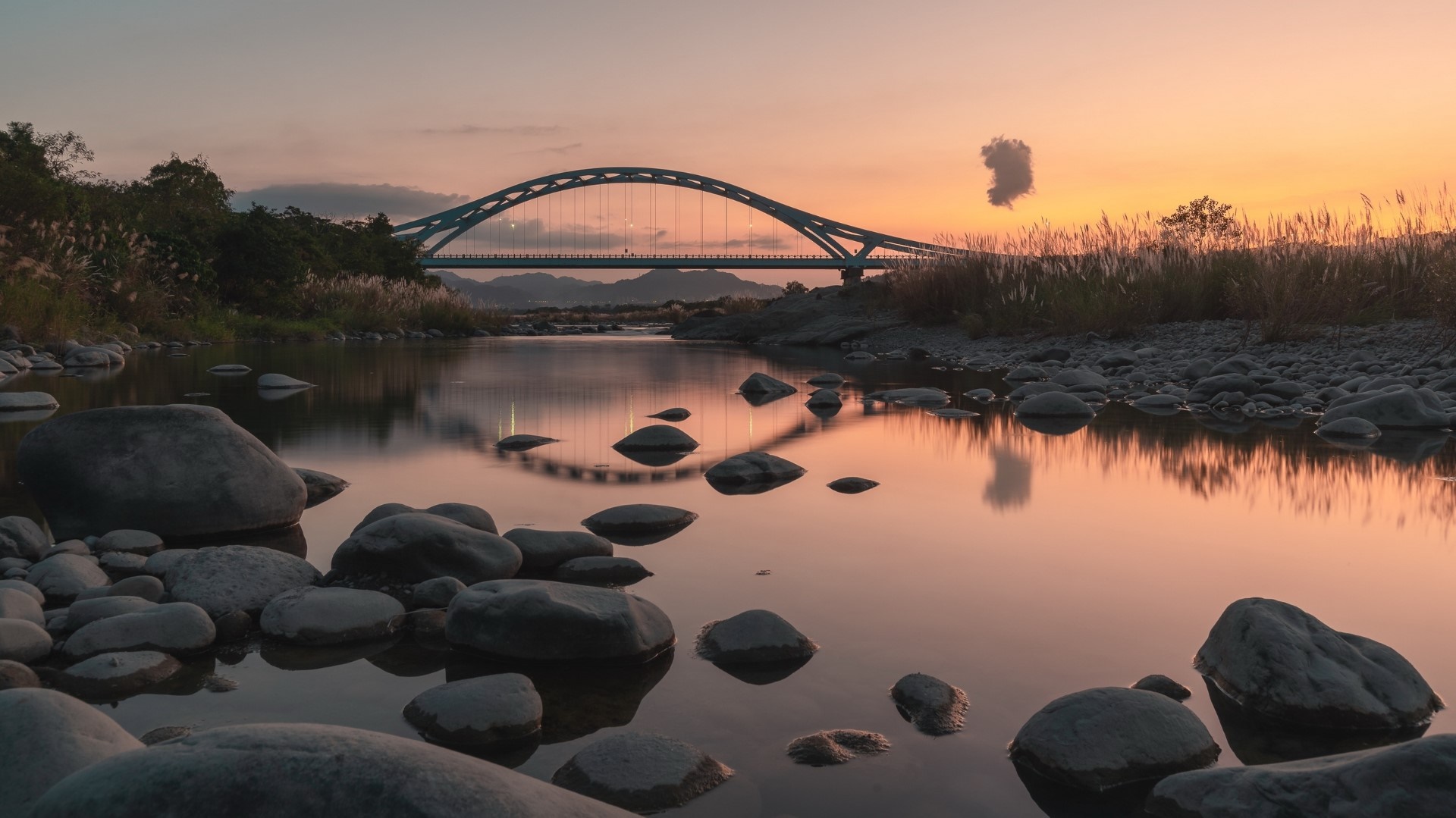 Enchanting Evening over Serene River Bridge - backiee