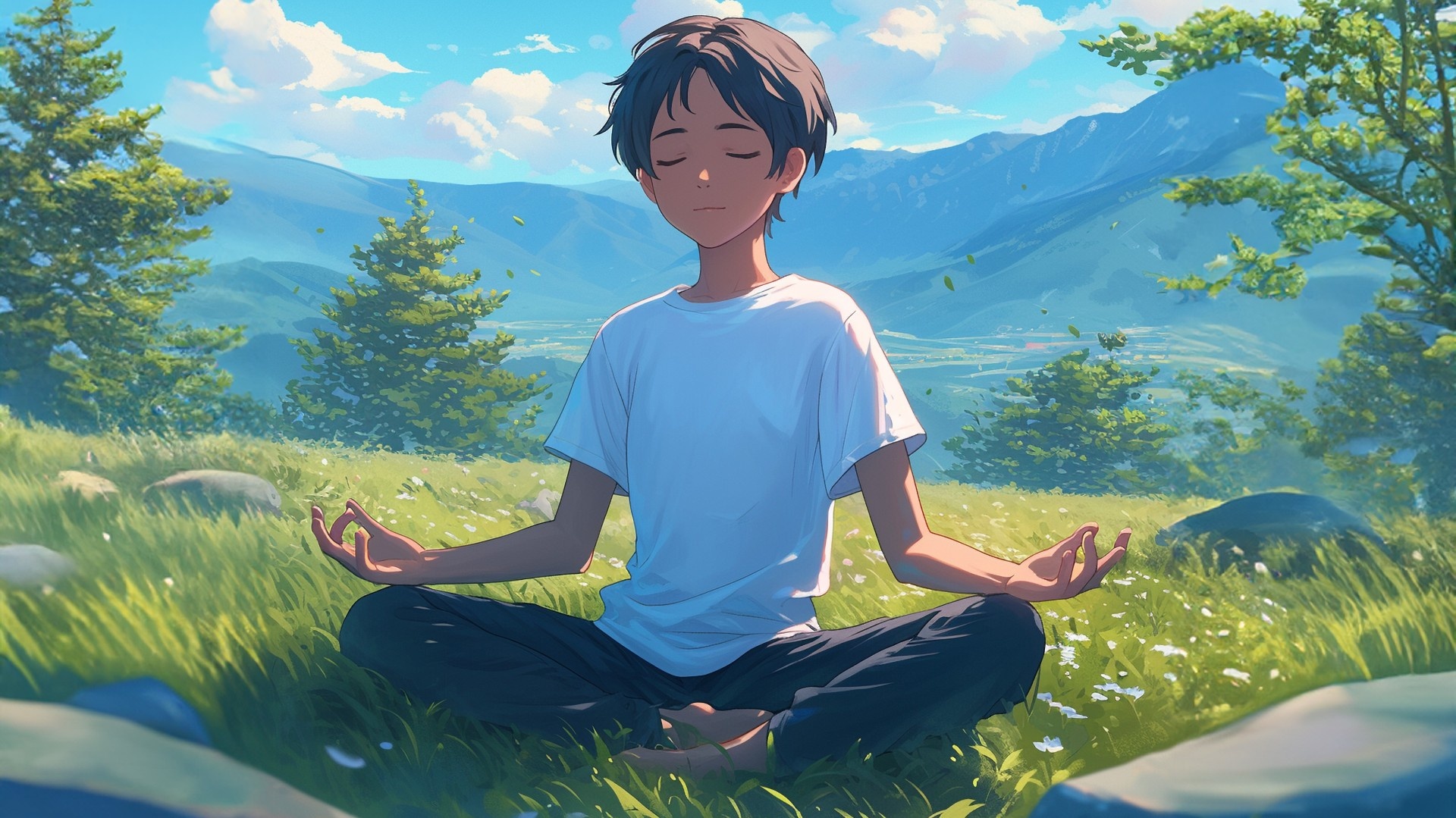 Anime Character in Nature Practicing Mindfulness Meditation - backiee