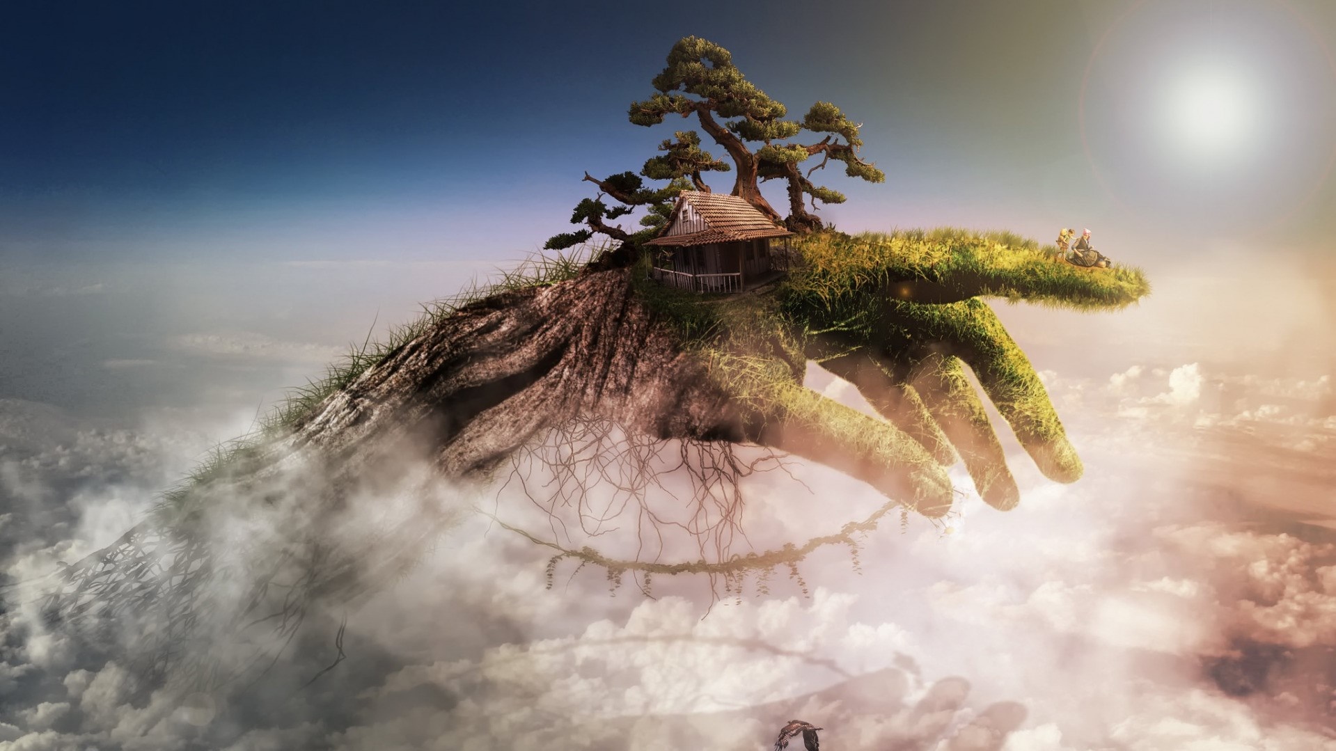 Surreal Floating Hand with Enchanted House - backiee