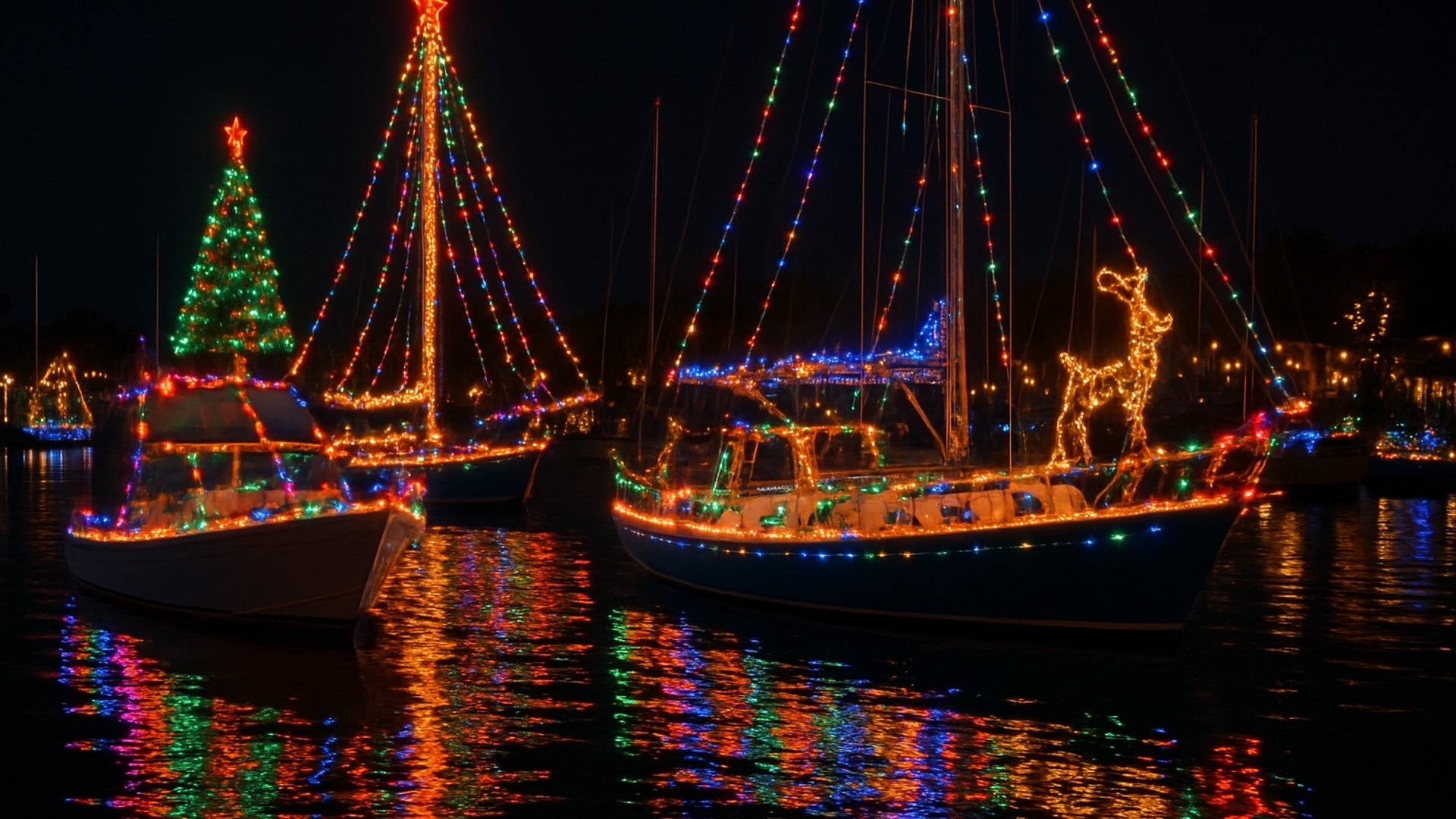 Festive Boats Glowing Under Night Sky - backiee