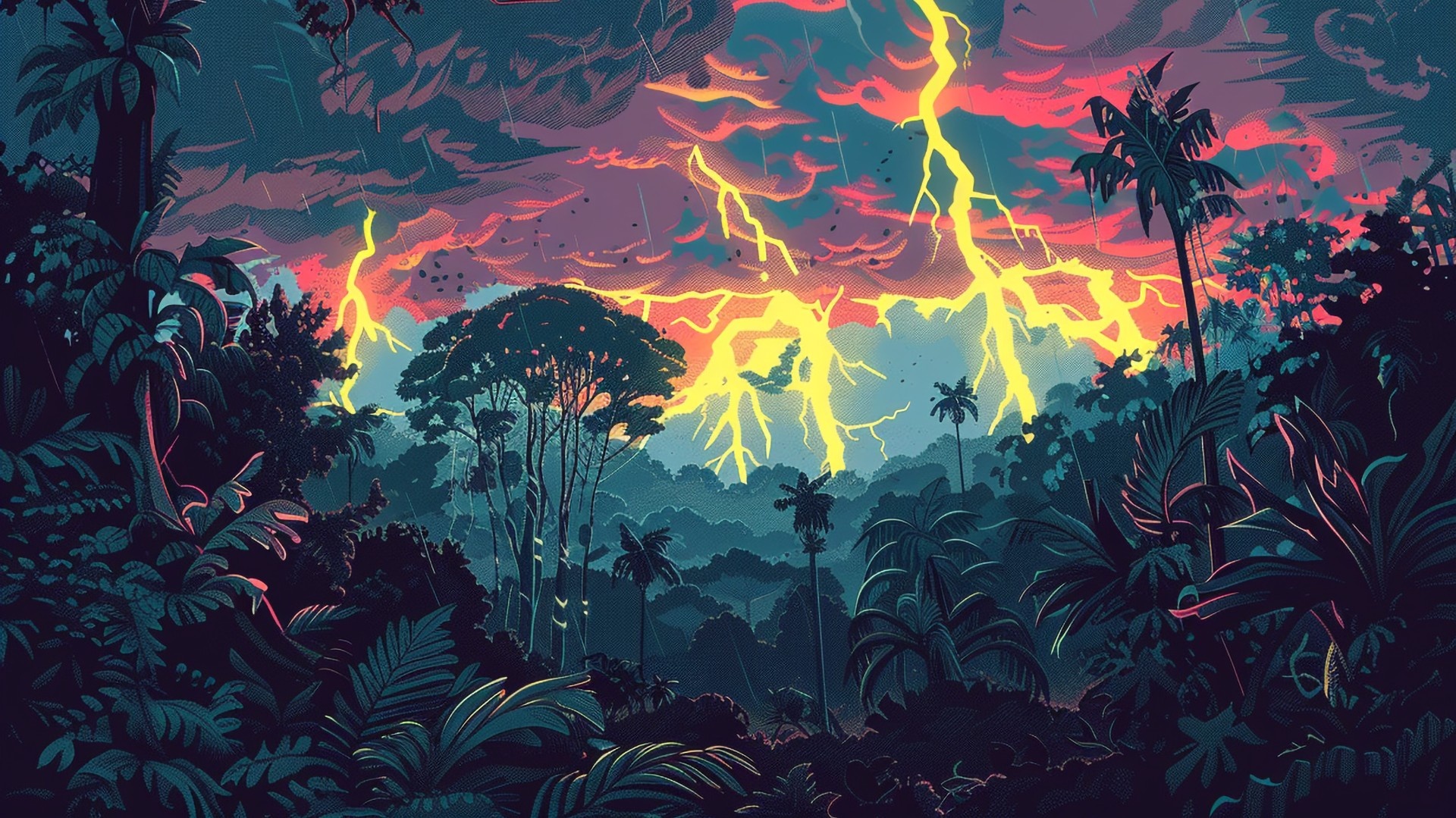 Vibrant Jungle with Lightning Strikes - backiee