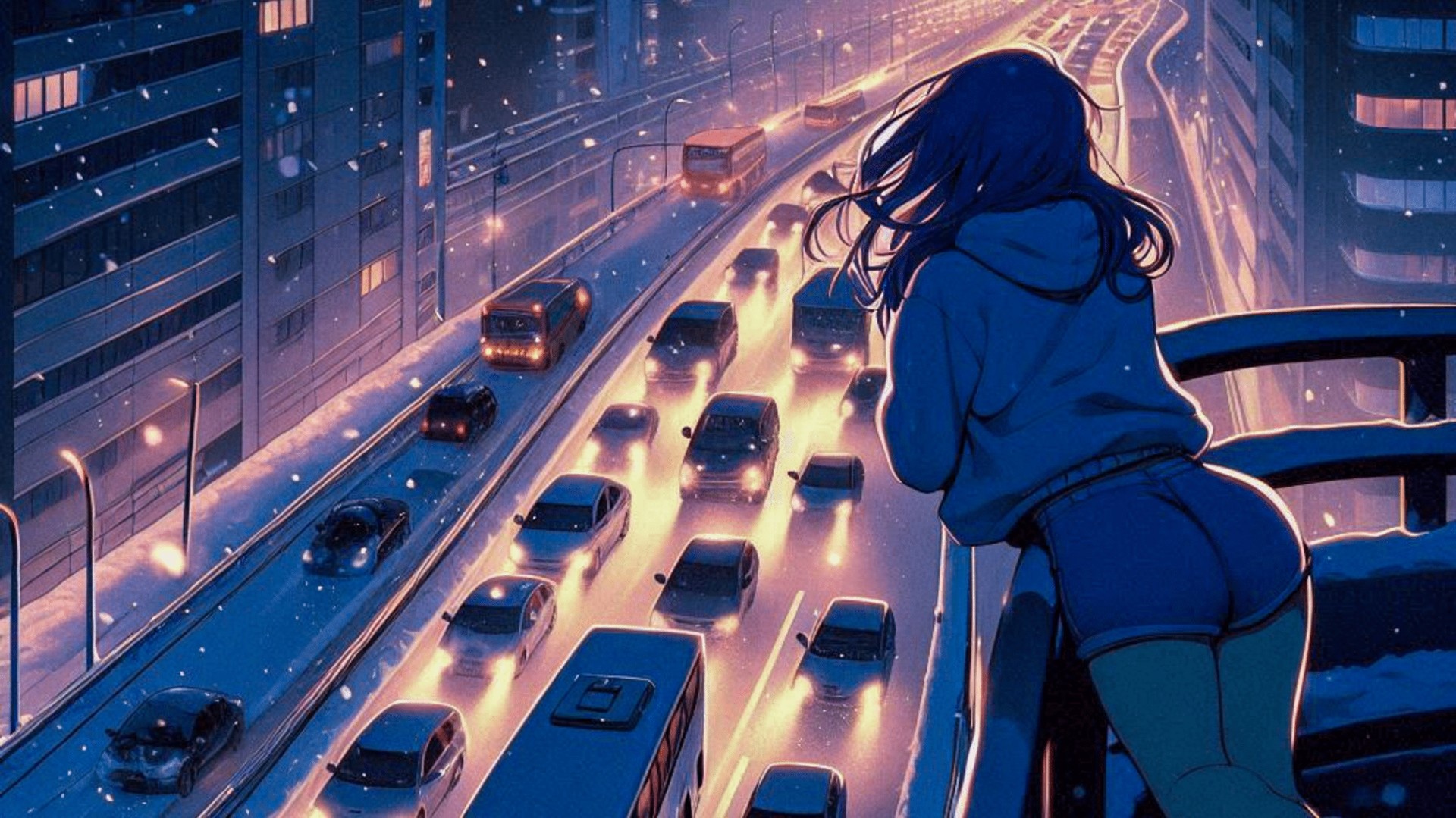 Snowy Purple Evening Over Anime City Traffic From Balcony View - backiee