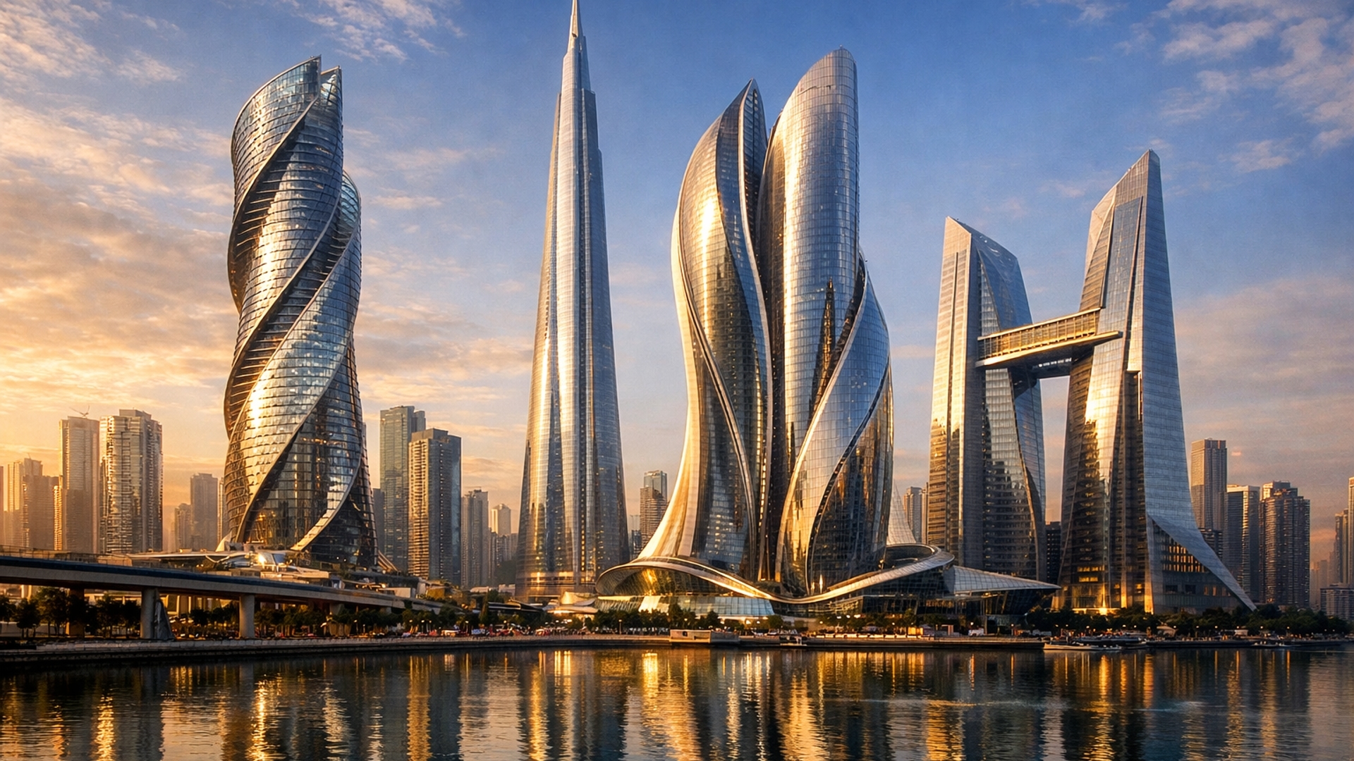 Golden Hour Futuristic Metropolis Skyline with Sculpted Glass ...