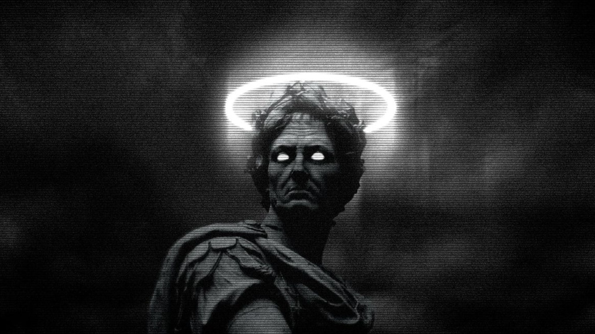 Monochrome Glitch Caesar Statue with Halo and Luminous Eyes - backiee