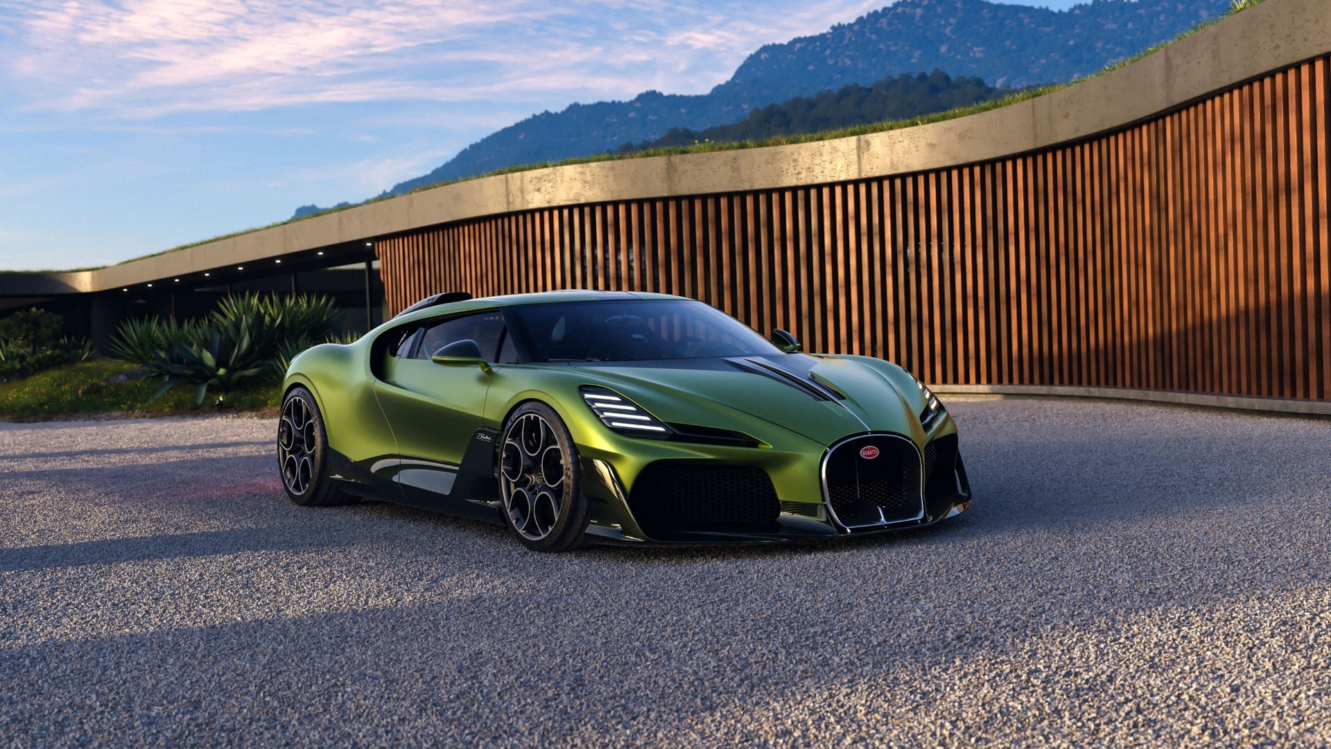 Emerald Bugatti Brouillard Dreamcar Parked in Modern Mountain Estate ...