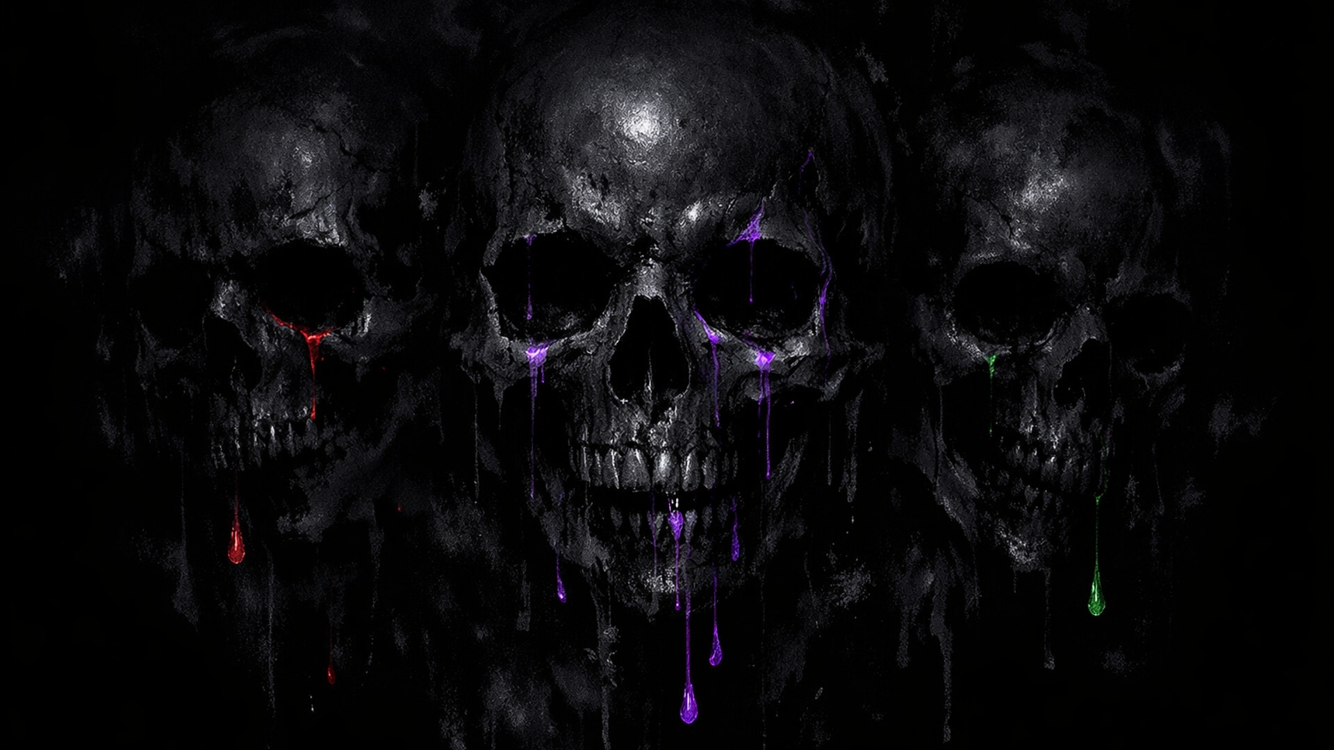 Triad of Shadow Skulls with Neon Tears in Endless Night - backiee