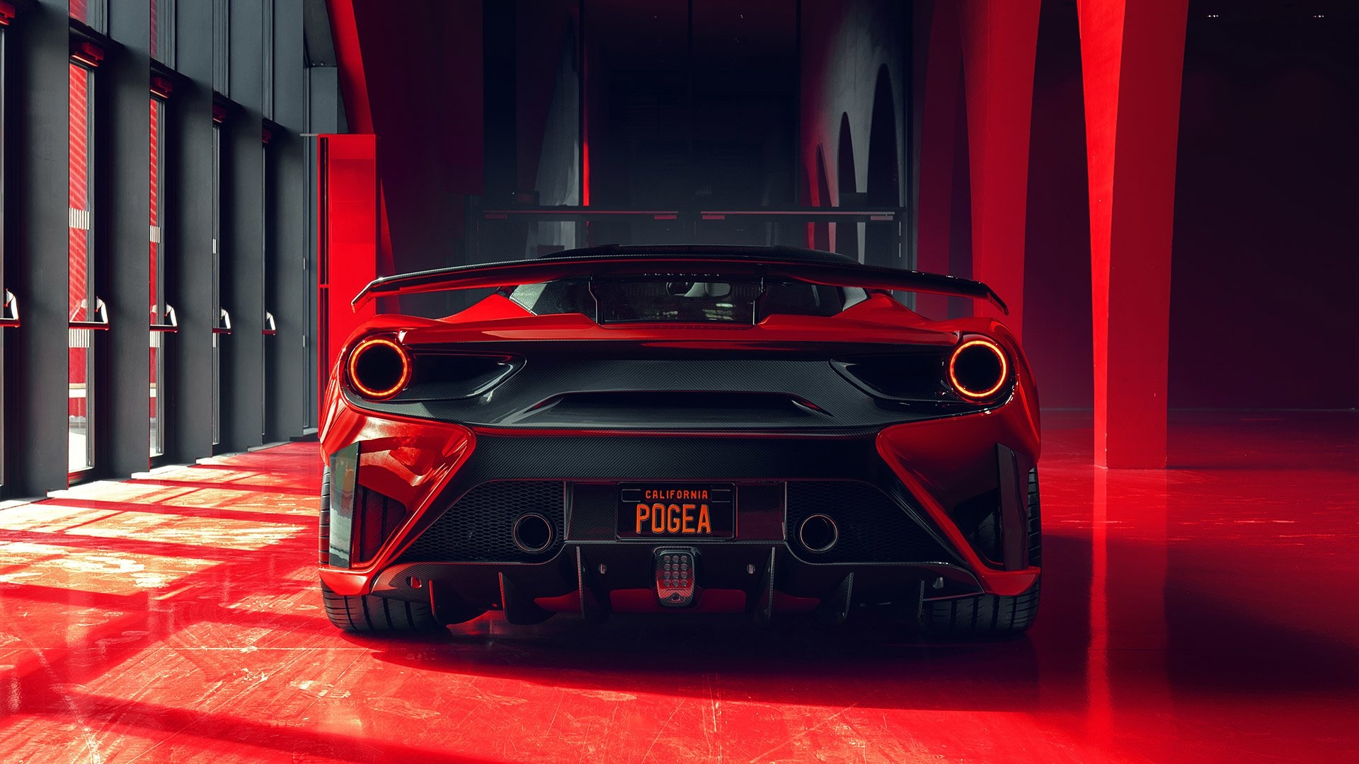 Ferrari 488 GTB Rear View in Red and Black Shadow - backiee