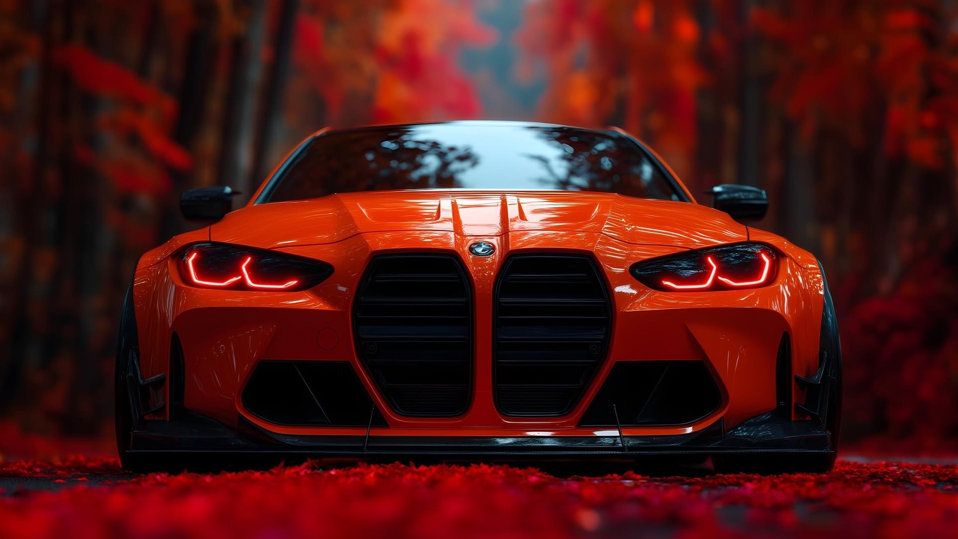 Red and Black BMW M4 Front View in Autumn Glow - backiee