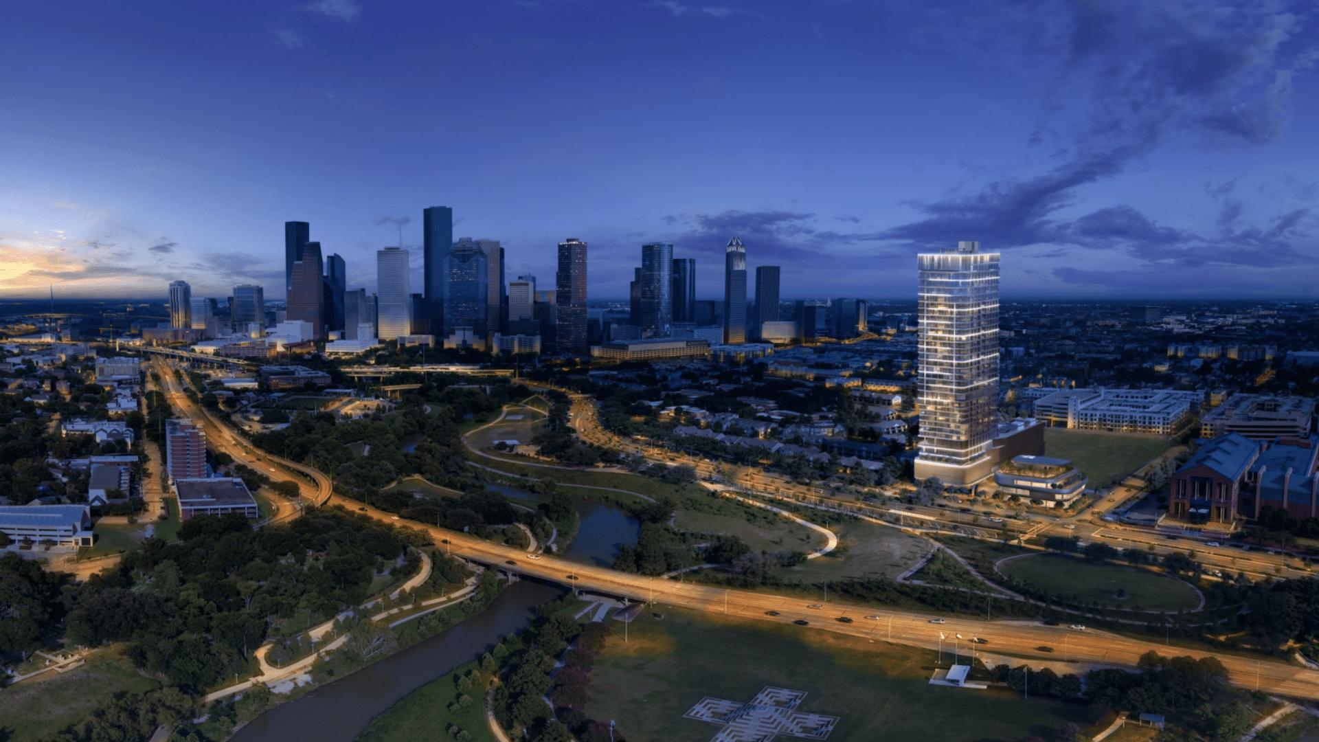 Houston Skyline at Dusk Featuring The Allen Tower City Lights - backiee