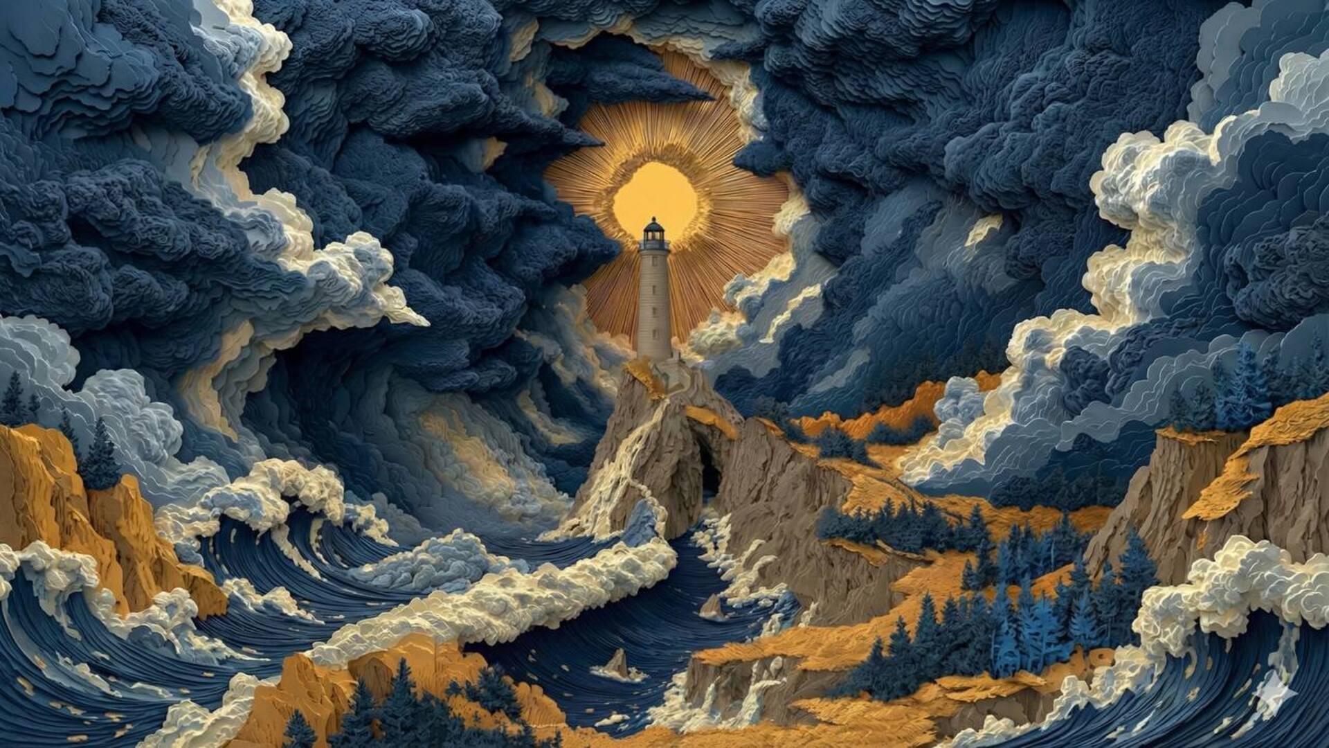 Golden Beacon Through Stormtorn Skies in a Surreal Ocean Realm - backiee