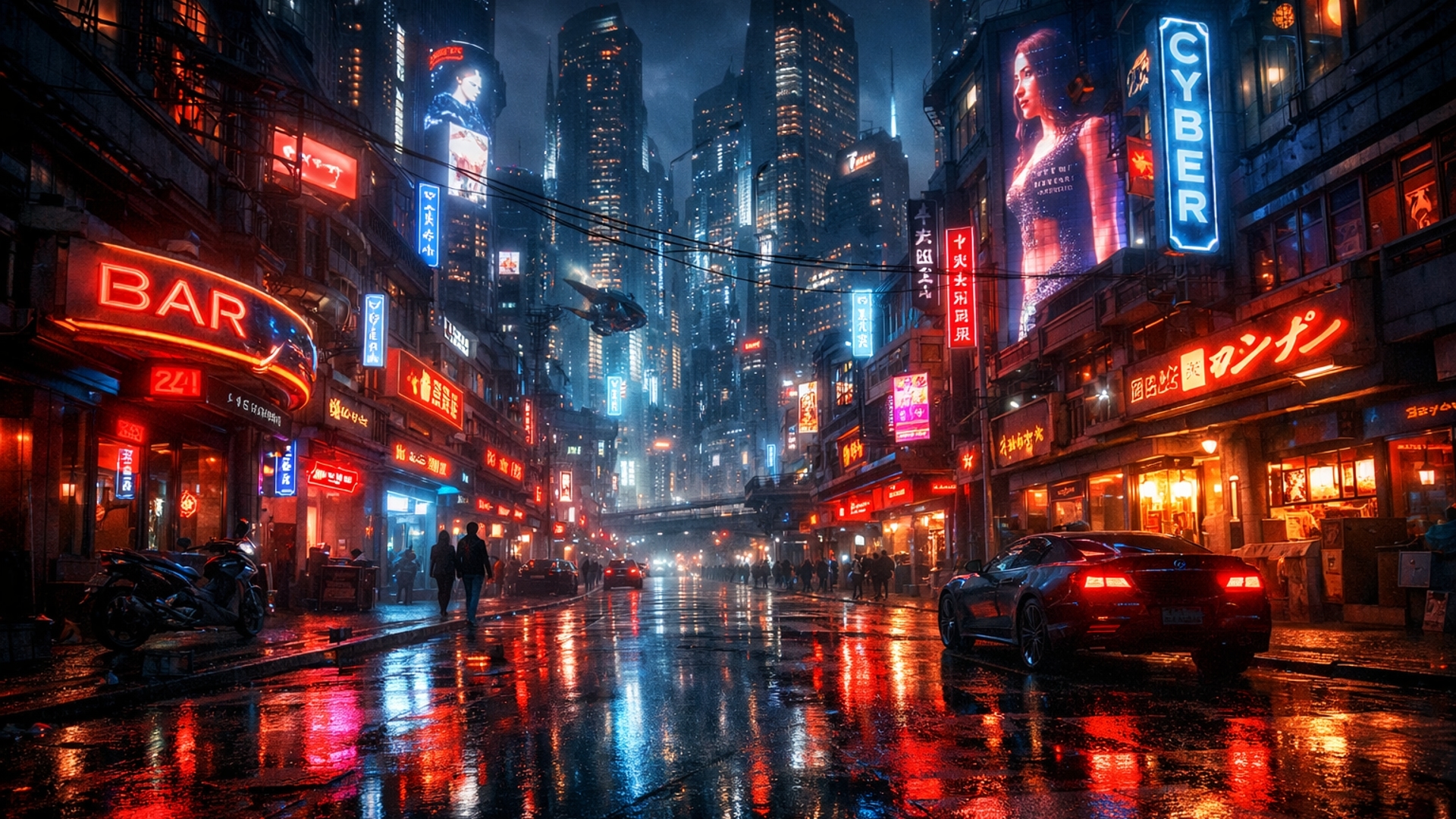 Neon Rainfall in a Cyberpunk Metropolis Night Street - backiee