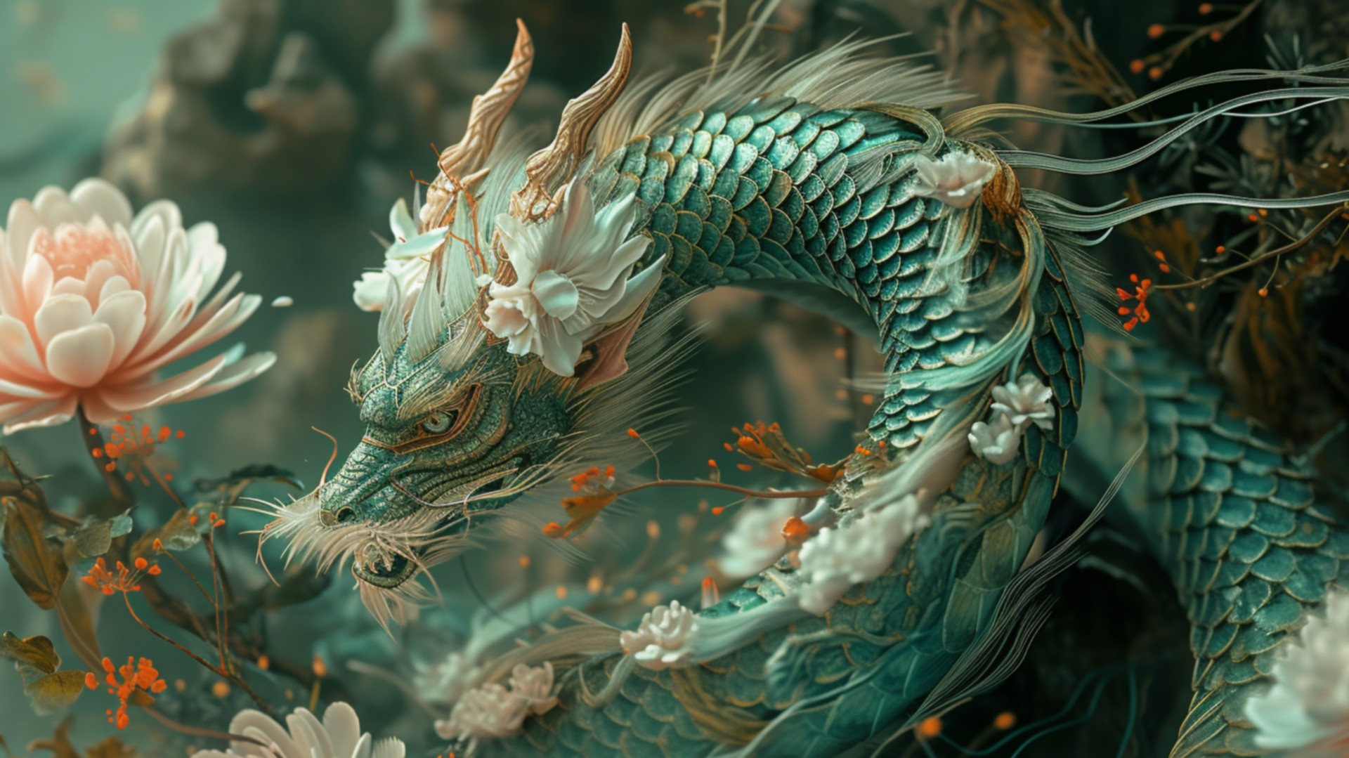 Jade Lotus Dragon in Misty Oriental Garden Fantasy Wallpaper - backiee
