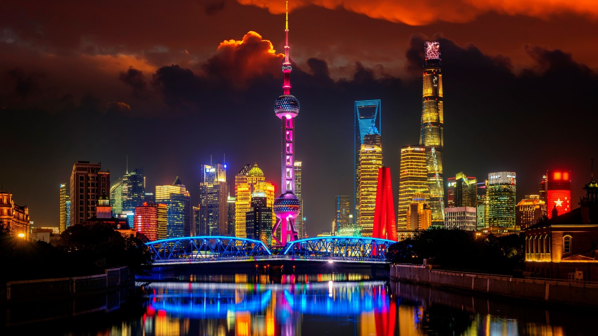 Neon Nights Over Pudong Shanghai Skyline and Oriental Pearl Tower - backiee