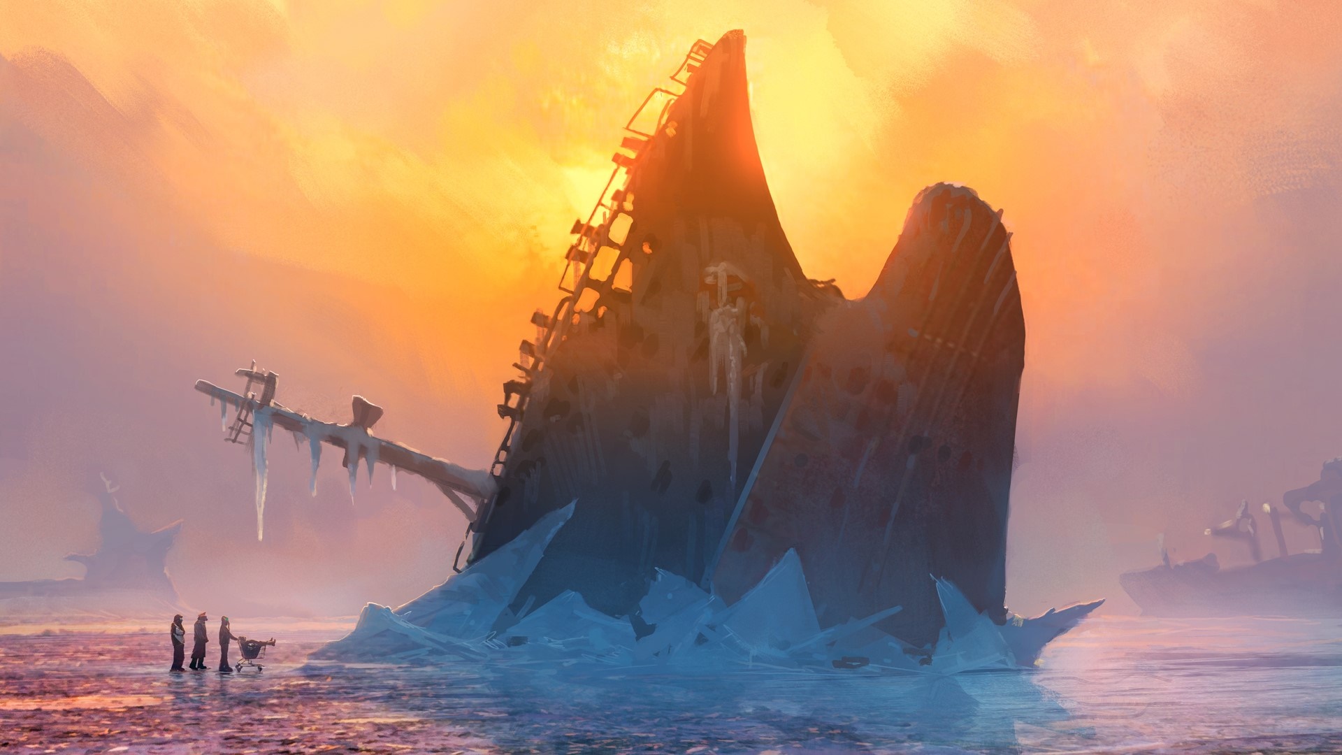 Sunset Wreck in Frozen Seas Apocalyptic Fantasy Voyage - backiee