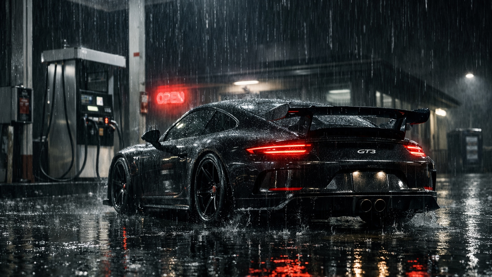Midnight Refuel Porsche 911 GT3 in Rainy Neon Glow - backiee