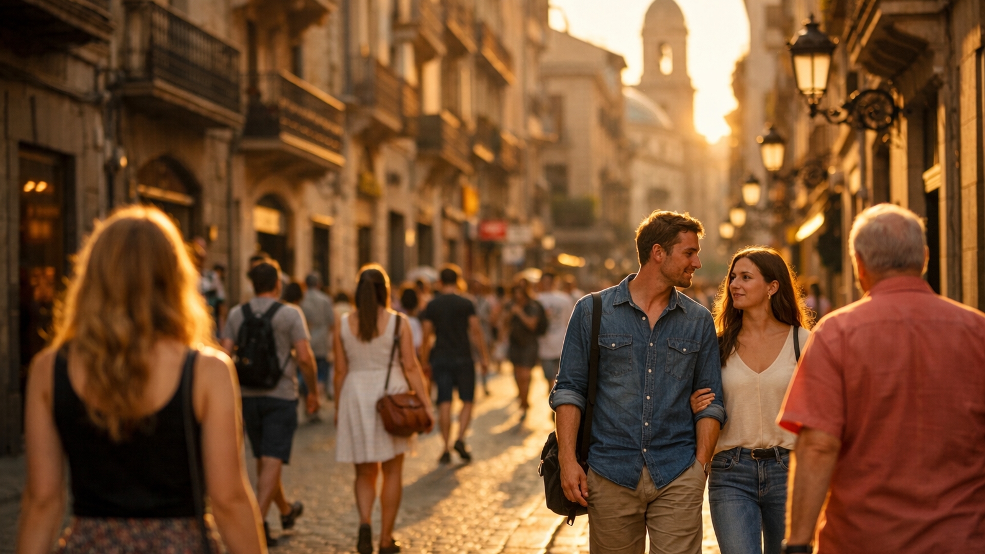 Golden Hour Stroll Through a Lively Old City Street - backiee