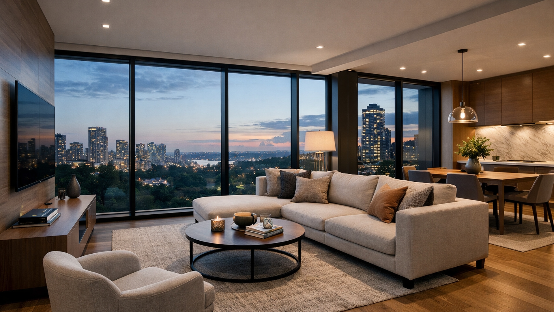 Modern Penthouse Living Room with Panoramic City Skyline at Dusk - backiee
