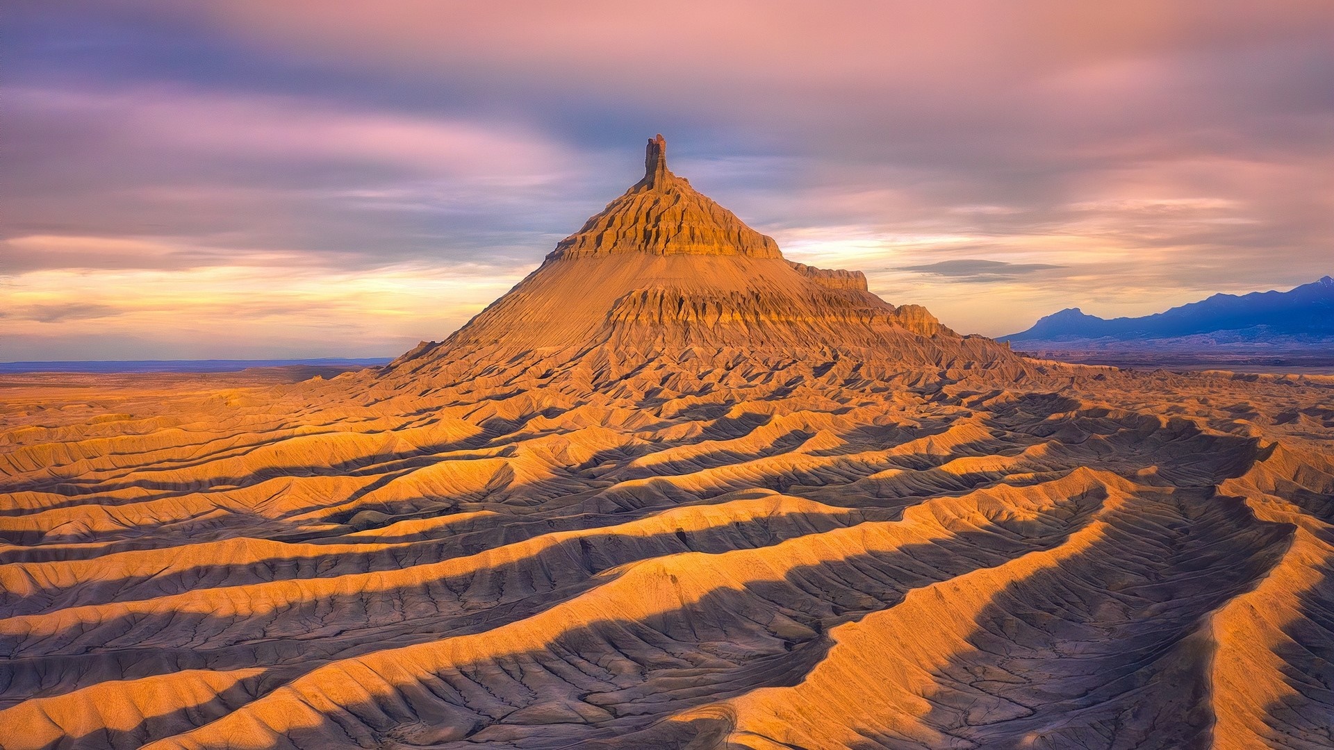 Golden Ridges at Factory Butte Utah Badlands Sunset - backiee
