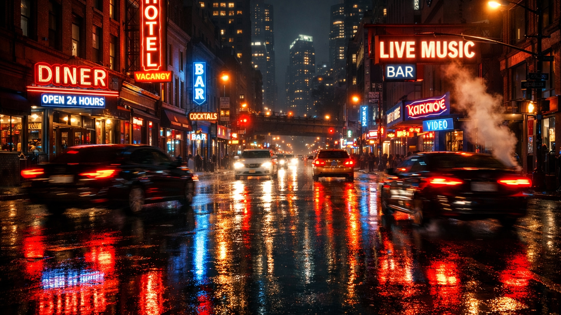 Neon Metropolis Rainfall on a Cinematic Night Street - backiee