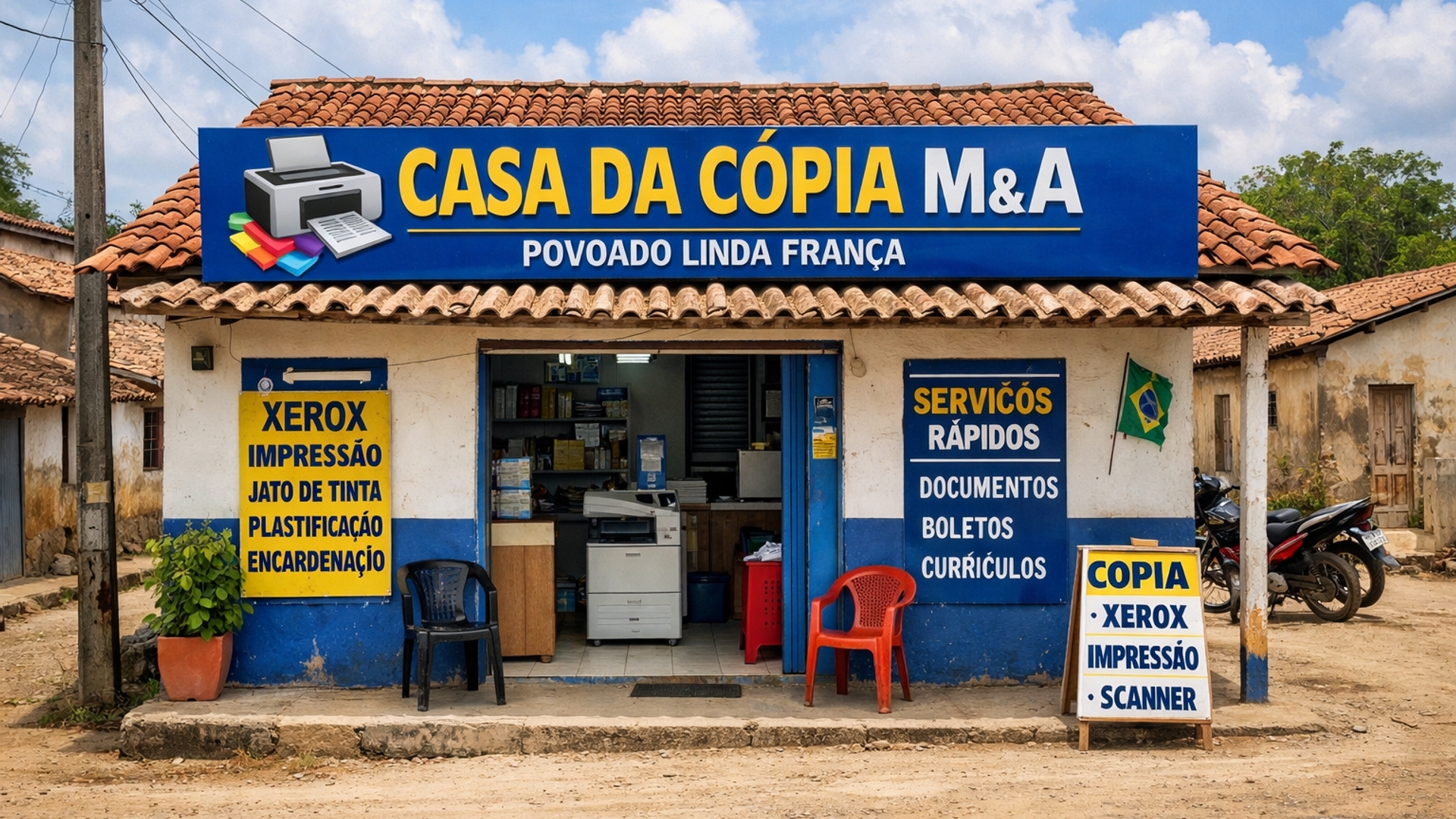 Sunlit Copy Shop Street Scene with Bold Blue Signage - backiee