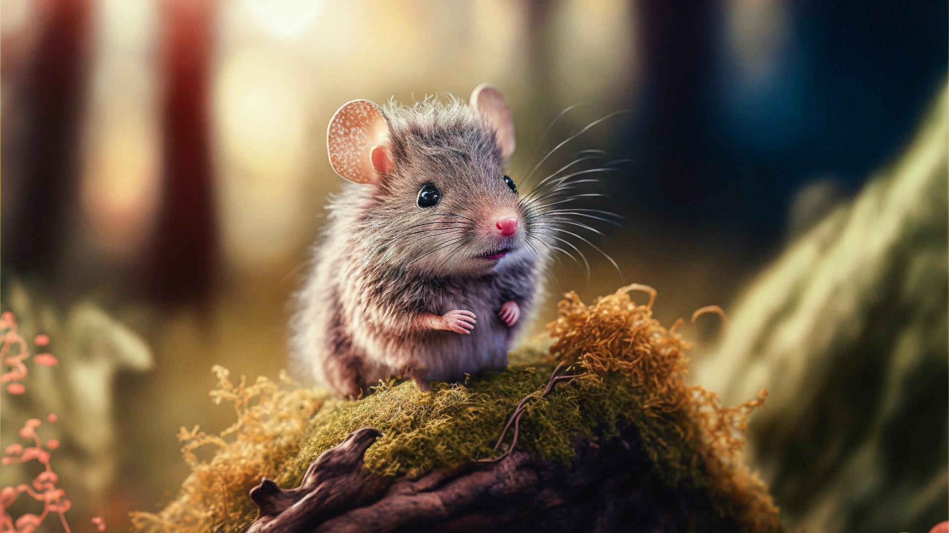 Adorable Forest Mouse on Mossy Log in Soft Golden Light - backiee