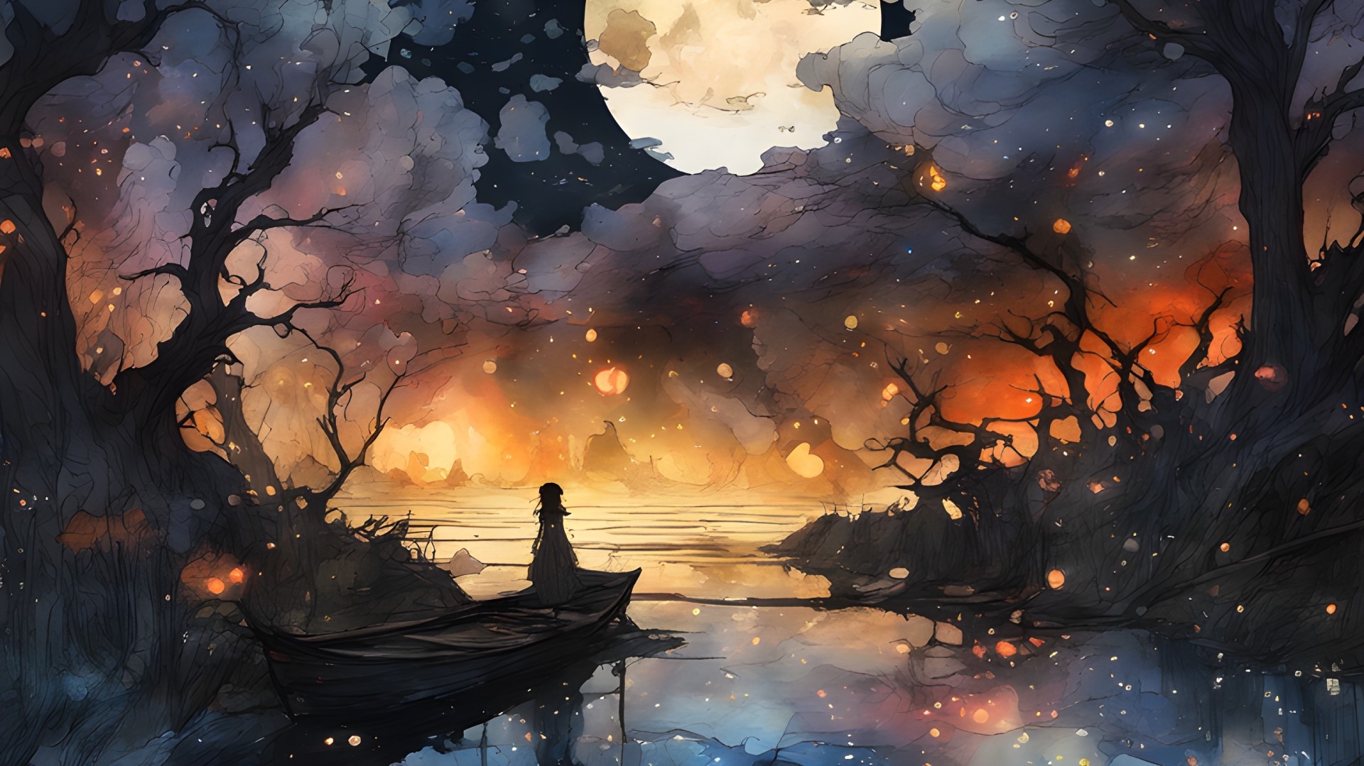 Alone in Moonlit Dusk Anime Oil Painting Wallpaper - backiee