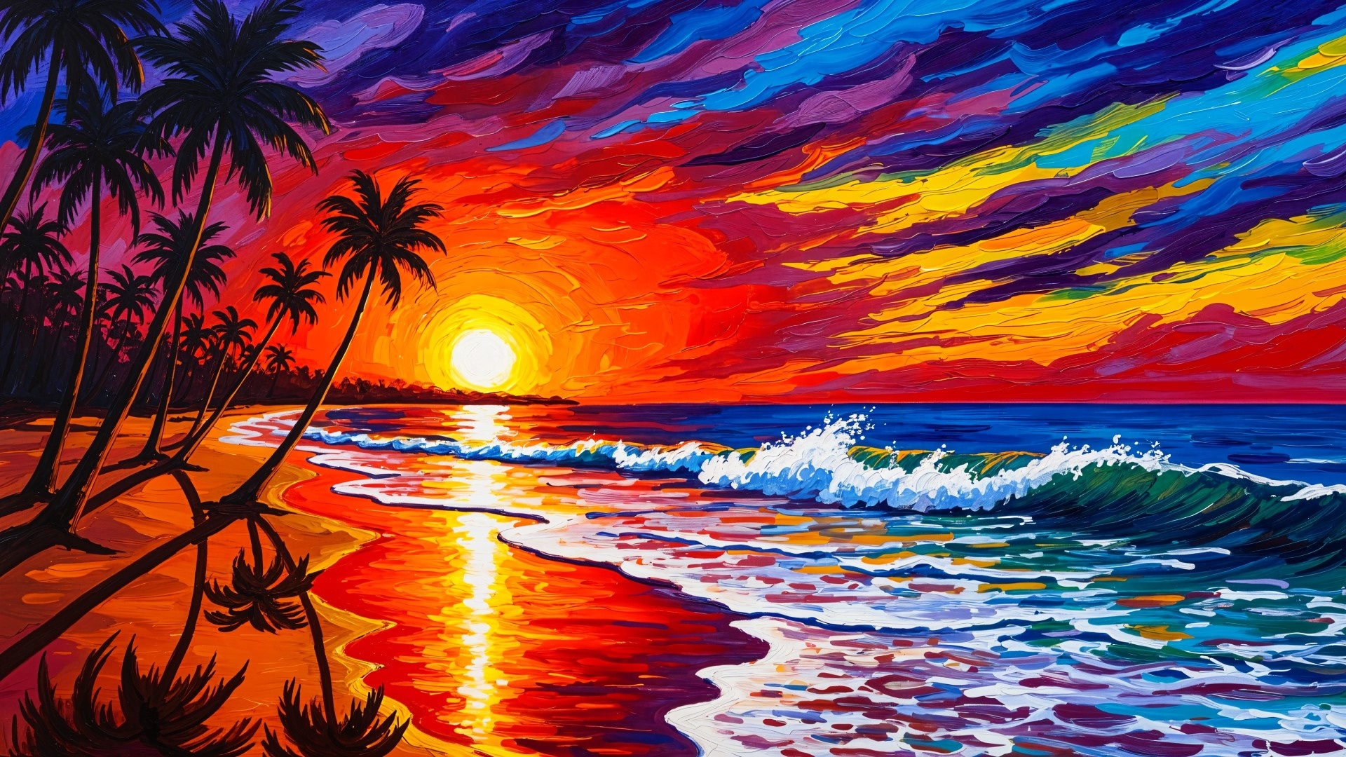 Sunset Beach Symphony in Vivid Fantasy Brushstrokes - backiee