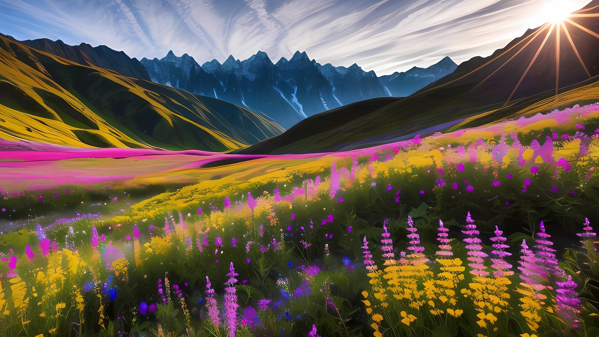 Sunlit Alpine Wildflower Valley Fantasy Landscape - backiee