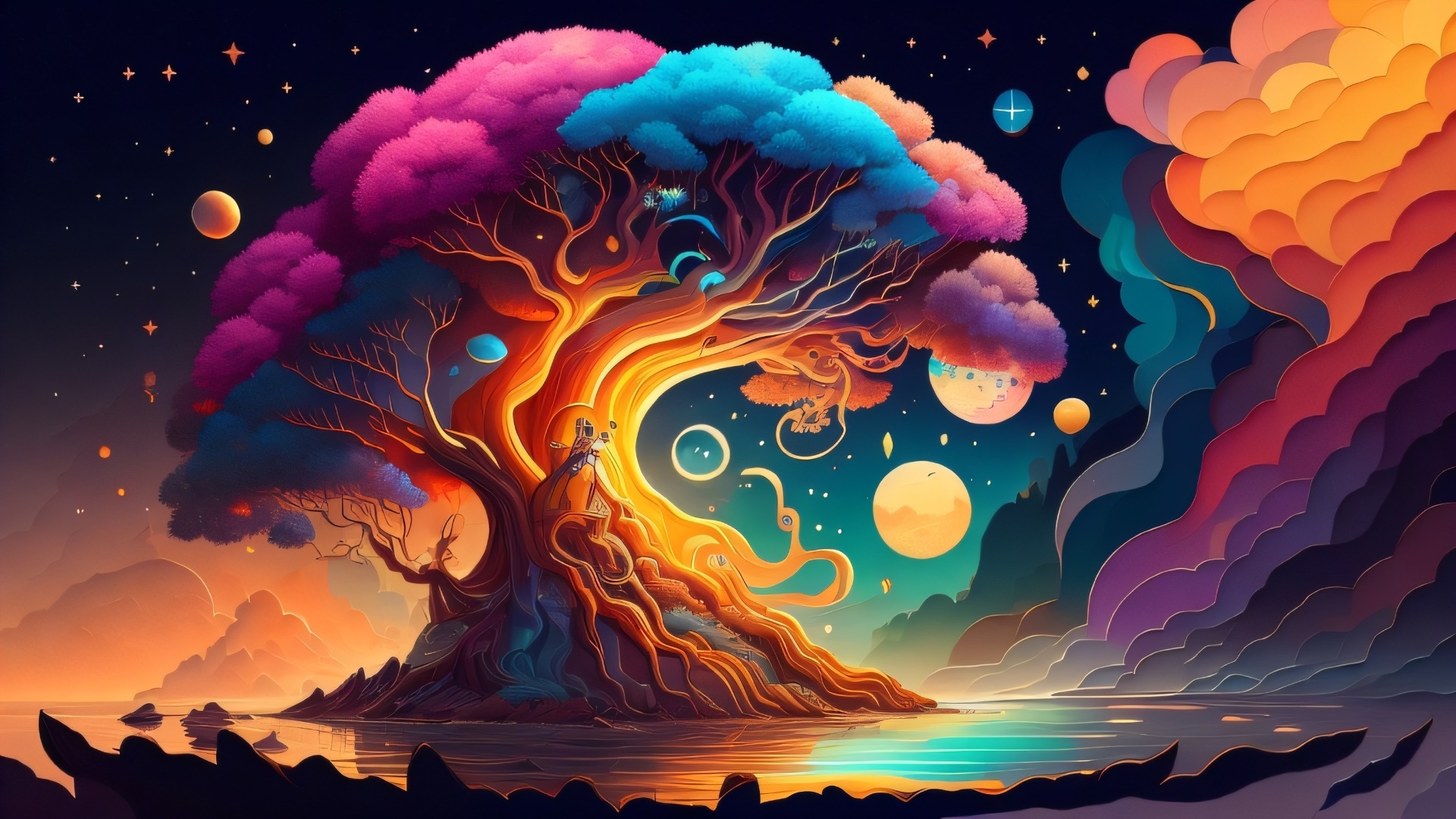Neon Tree of Life Dreamscape in Cosmic Abstract Color - backiee