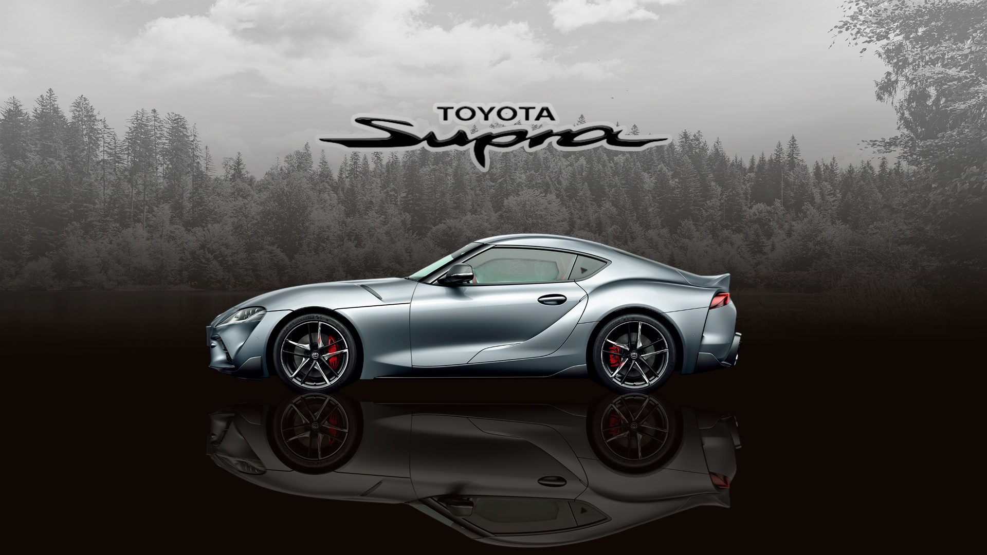 Monochrome Toyota Supra MK5 Reflection Against Misty Forest Backdrop ...