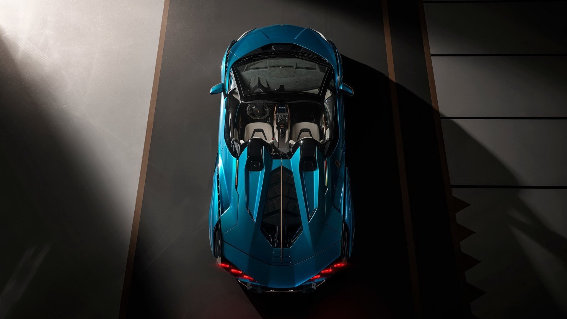 Top View Lamborghini Aventador in Electric Blue Luxury Garage Light ...