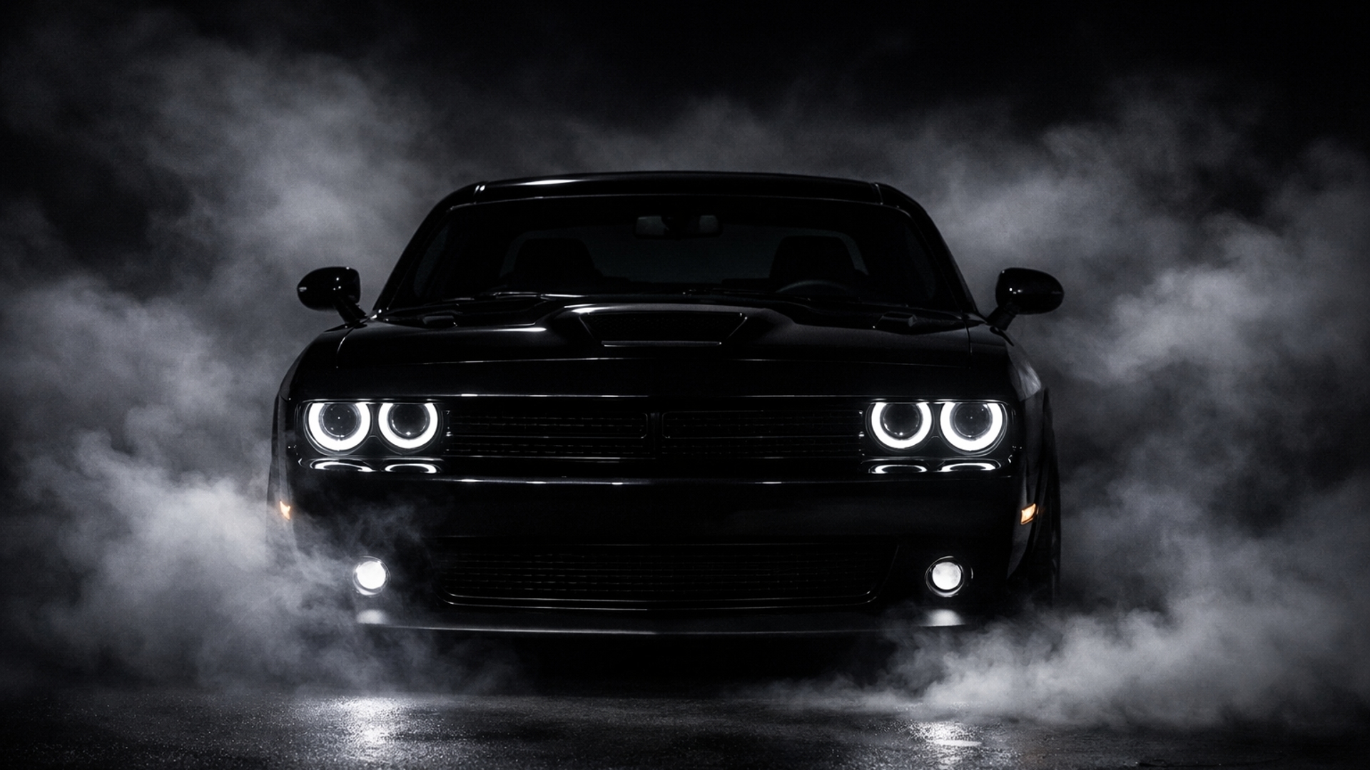 Midnight Dodge Challenger Emerging Through Smoke and Bright Halo ...
