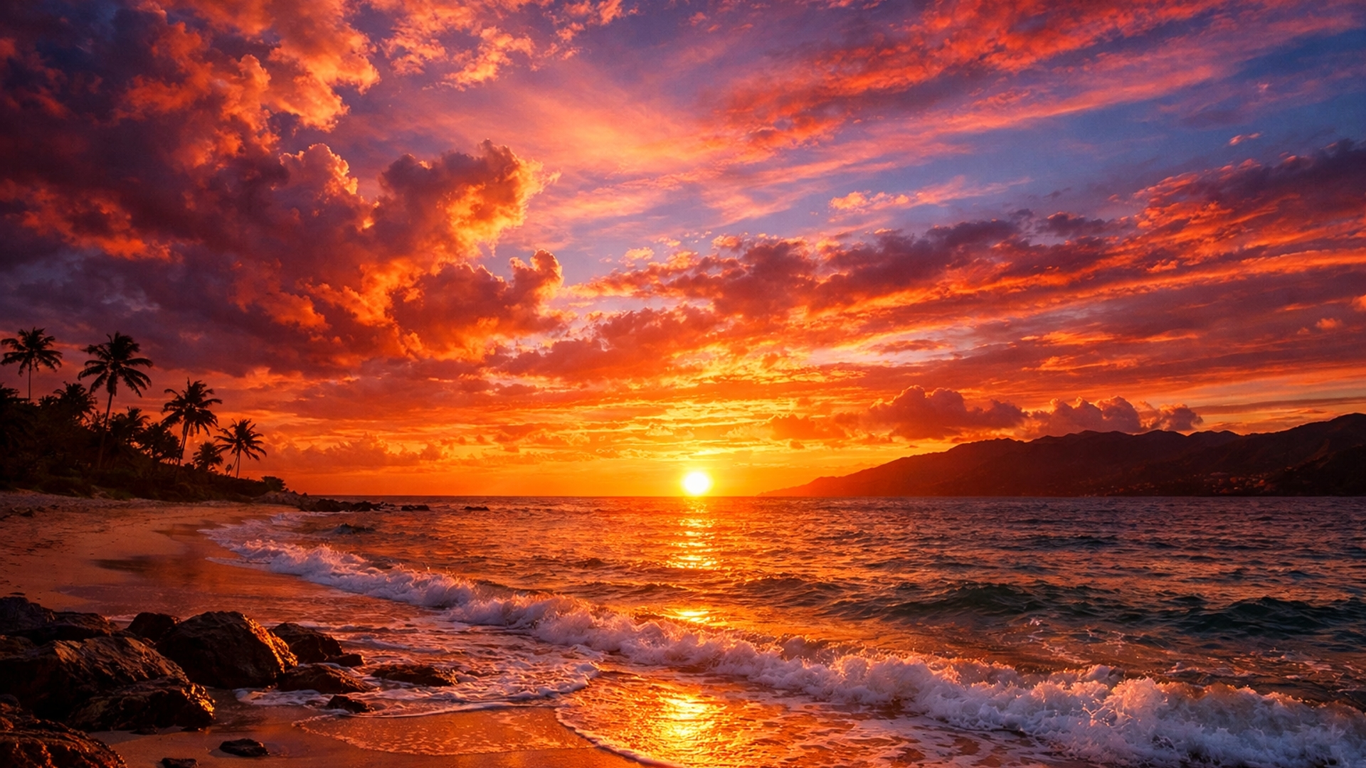 Burning Tropical Sunset Over Quiet Beach Horizon Afterglow - backiee