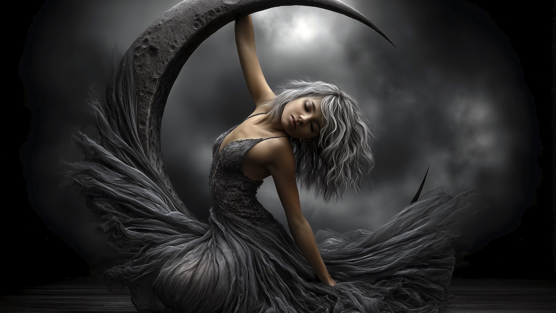 Monochrome Moon Dancer Embraced by a Crescent Night - backiee
