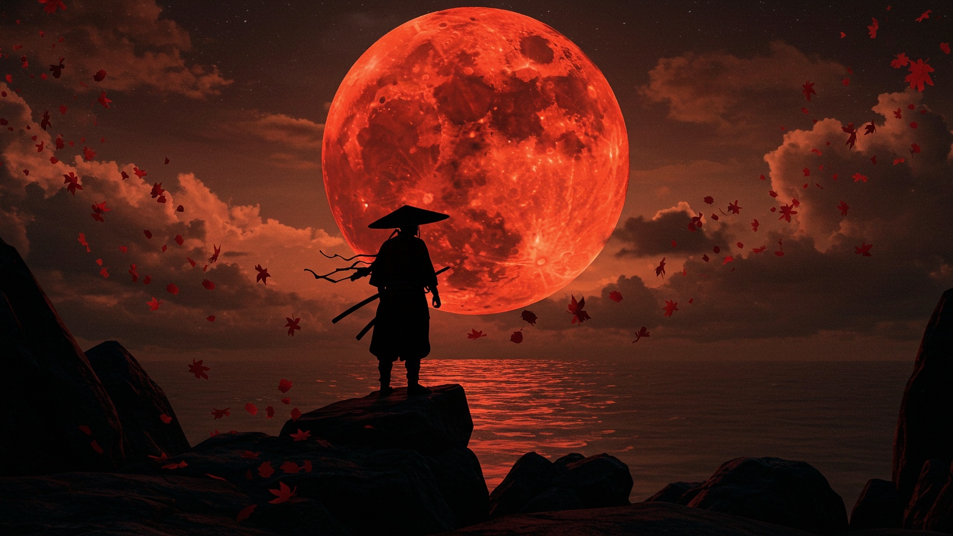 Samurai Silhouette Before a Giant Blood Moon Over the Sea - backiee