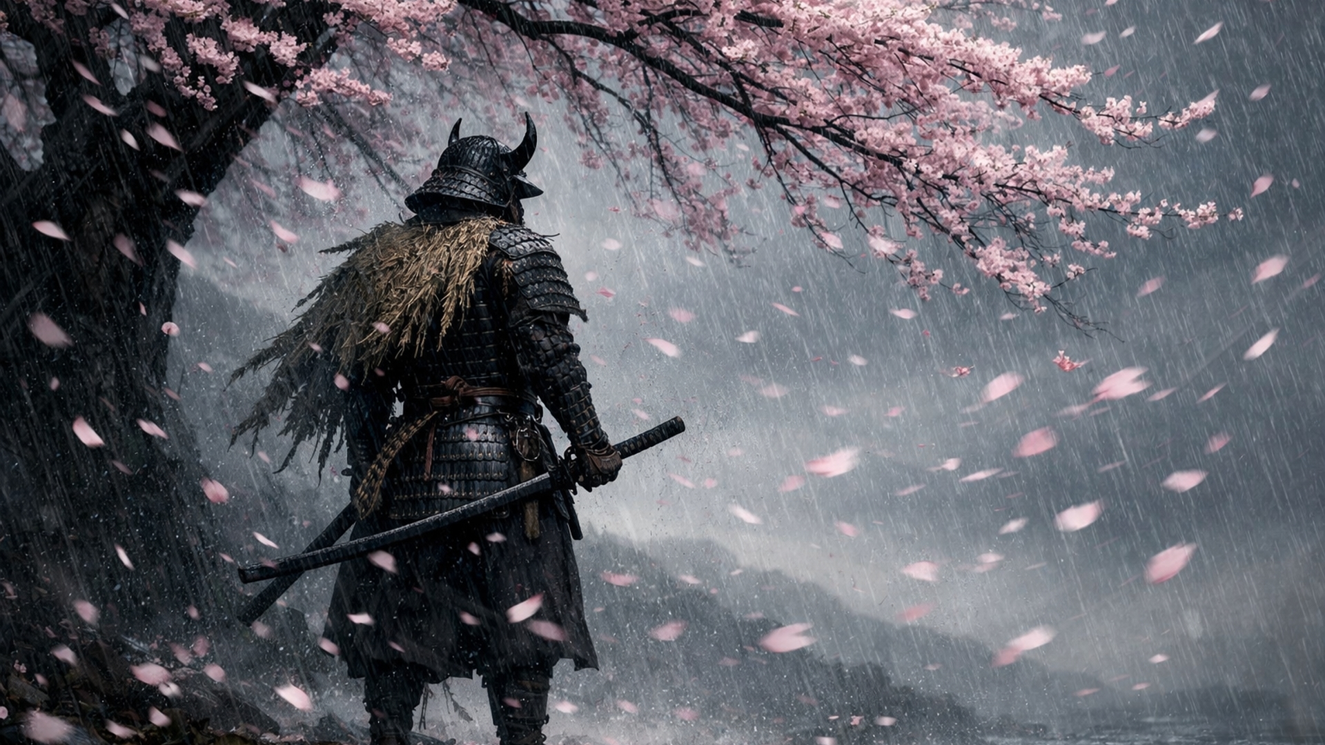 Solitary Samurai Under Cherry Blossom Rain at Foggy Dawn - backiee