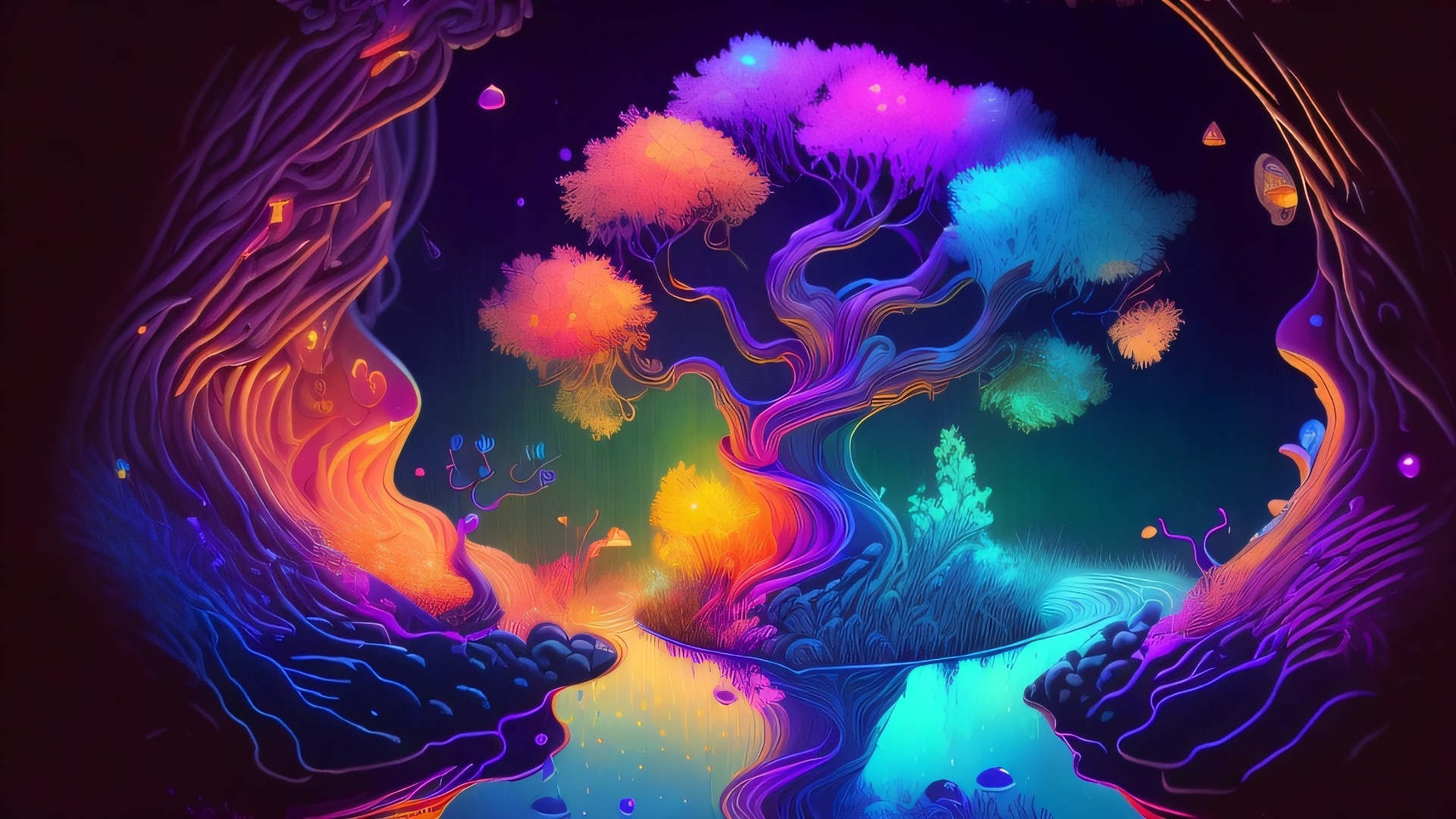 Neon Dreamtree in a Luminous Abstract Forest Realm - backiee