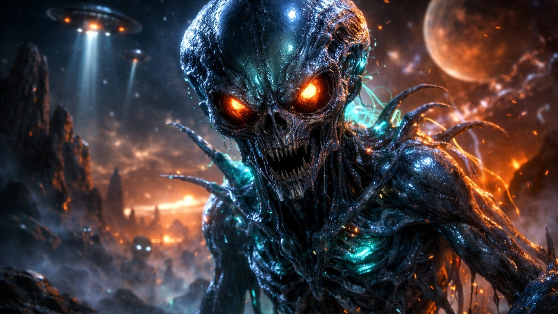 Infernal Void Stalker with Glowing Eyes in Alien Ruins - backiee
