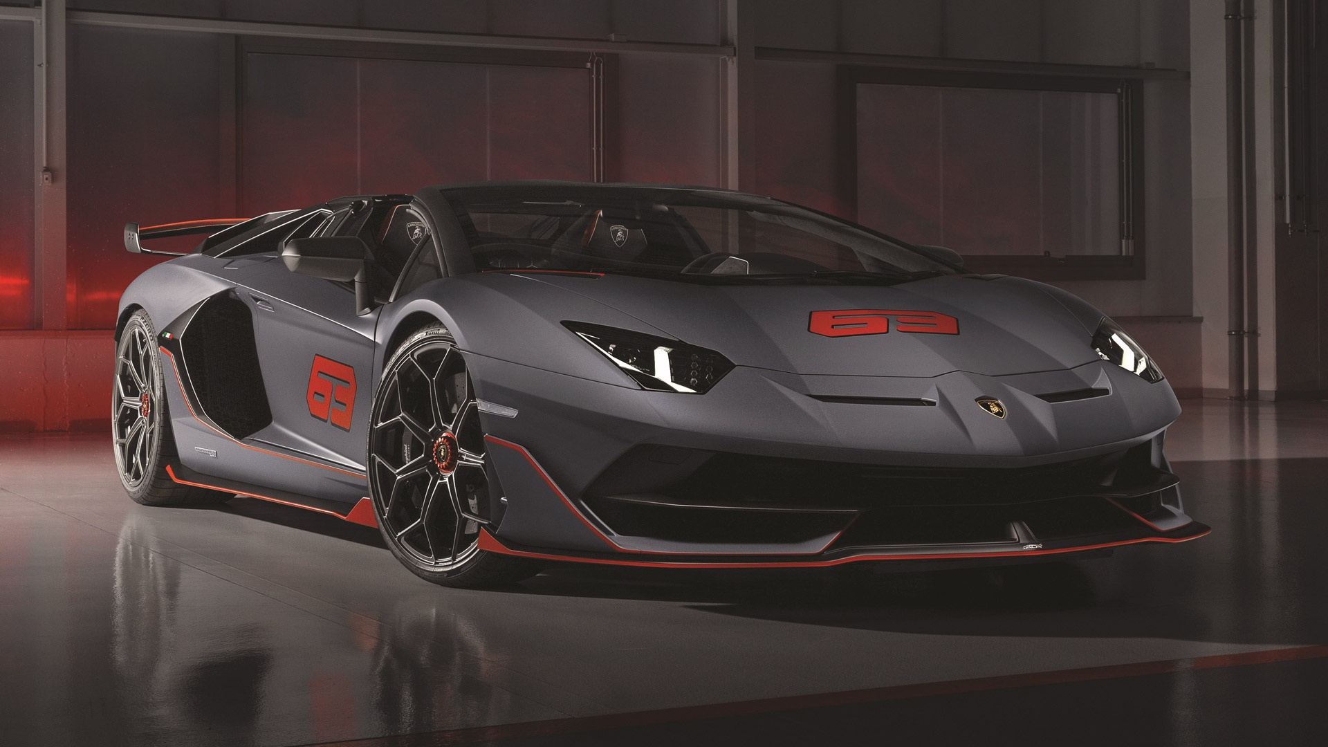 Matte Grey Lamborghini Aventador SVJ with Red Accents in Studio Light ...