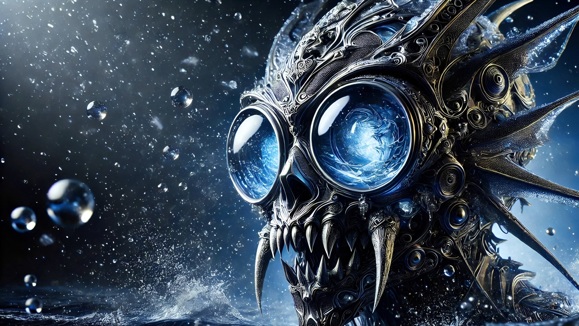 Clockwork Abyssal Alien With Ice Blue Eyes and Razor Fangs - backiee