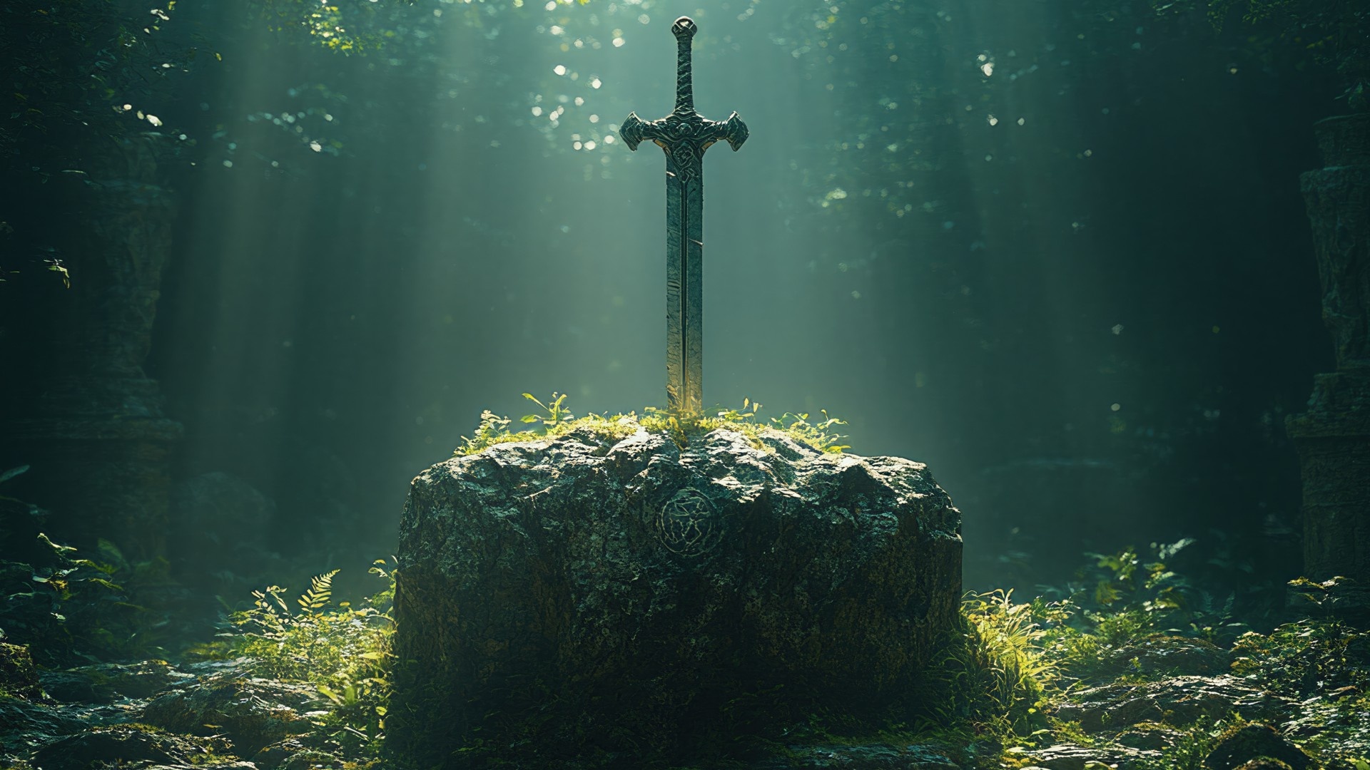 Sunlit Enchanted Sword in Stone Deep Within the Ancient Woodland - backiee
