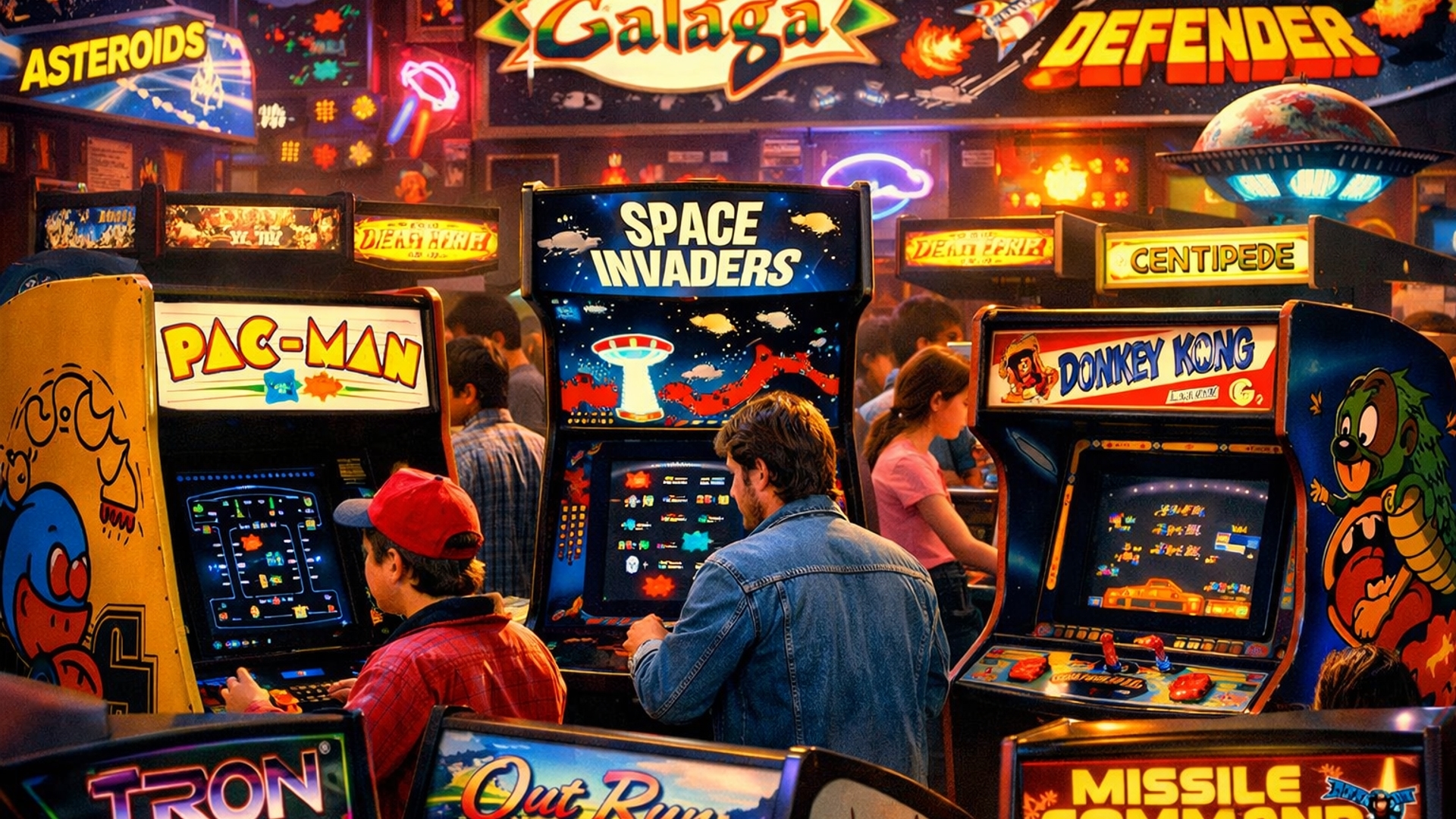 Neon Arcade Night Retro Legends in an 80s Game Room - backiee