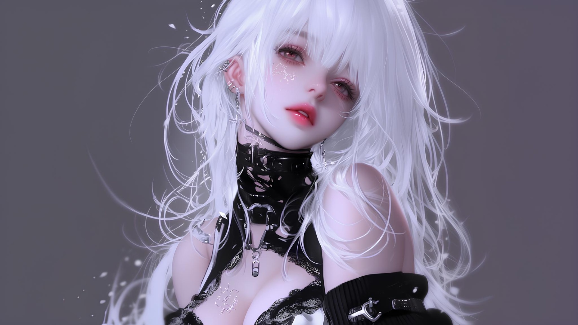 Ethereal White Haired Anime Siren in Noir Latex Glow - backiee
