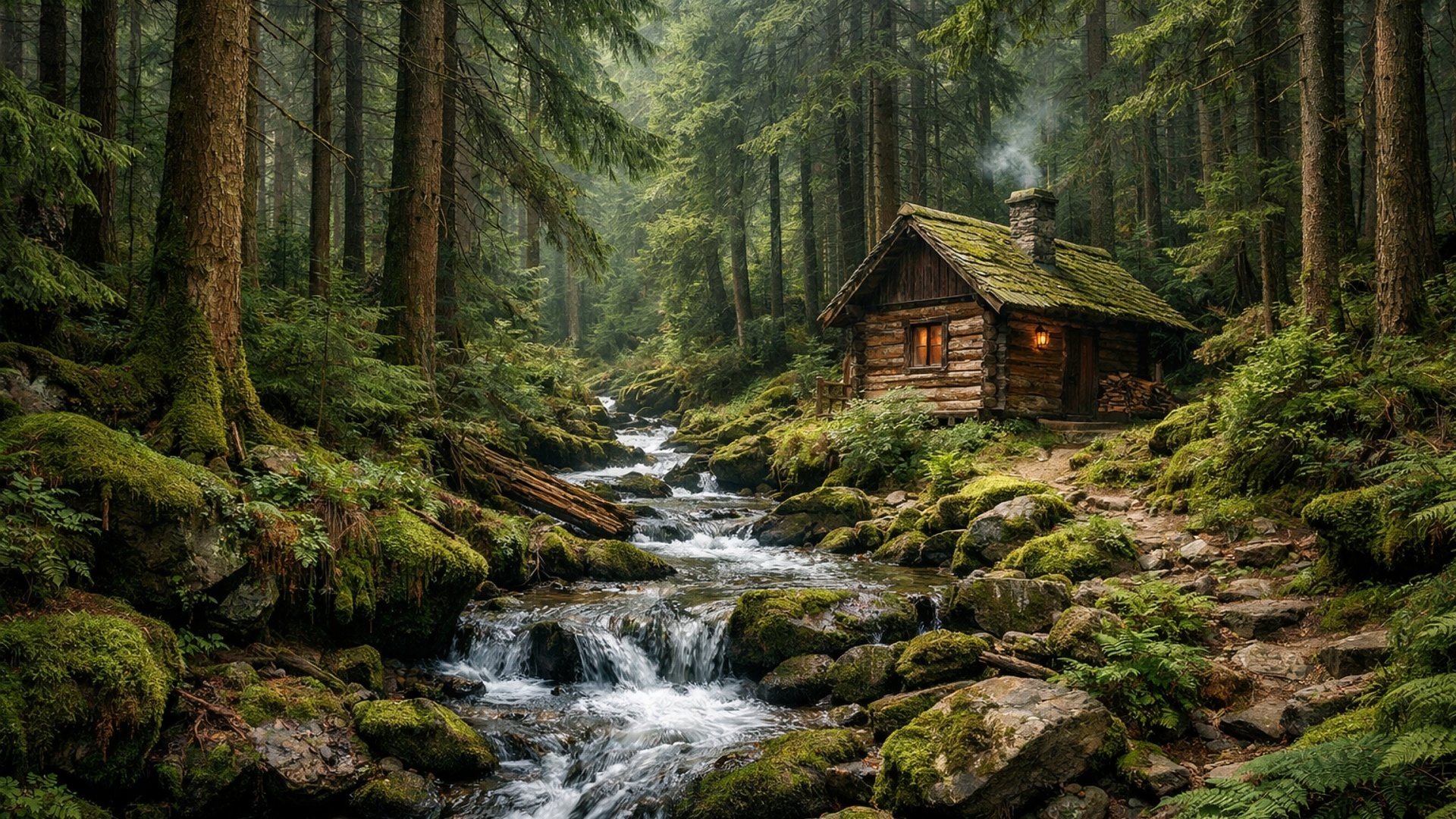 Mossy Log Cabin by a Mountain Stream in Evergreen Forest - backiee