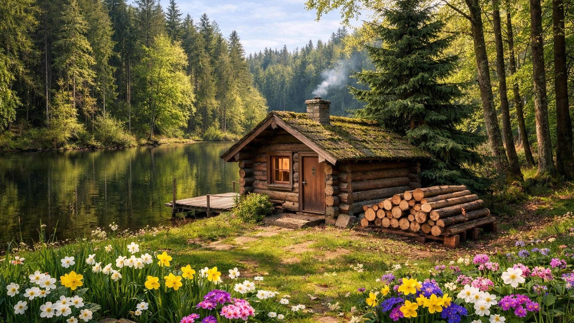 Spring Lakeside Log Cabin in a Fir Forest Retreat - backiee