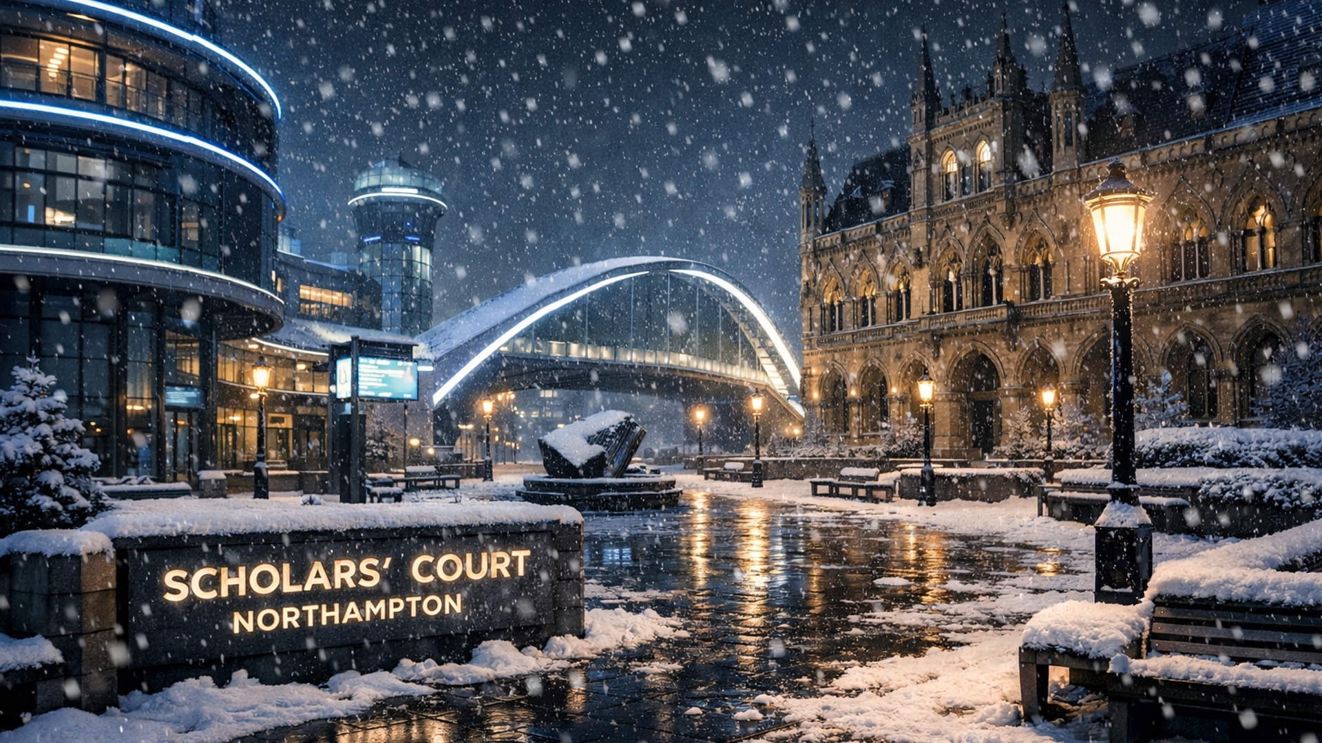 Snowy Night in Scholars Court Northampton City Lights and Reflections ...