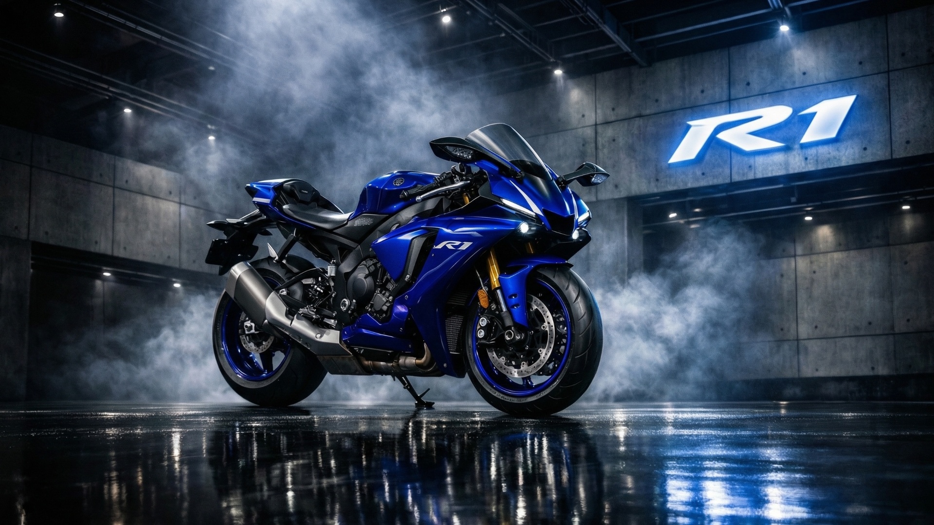 Yamaha YZF R1 Blue Superbike in Smoke Lit Studio - backiee